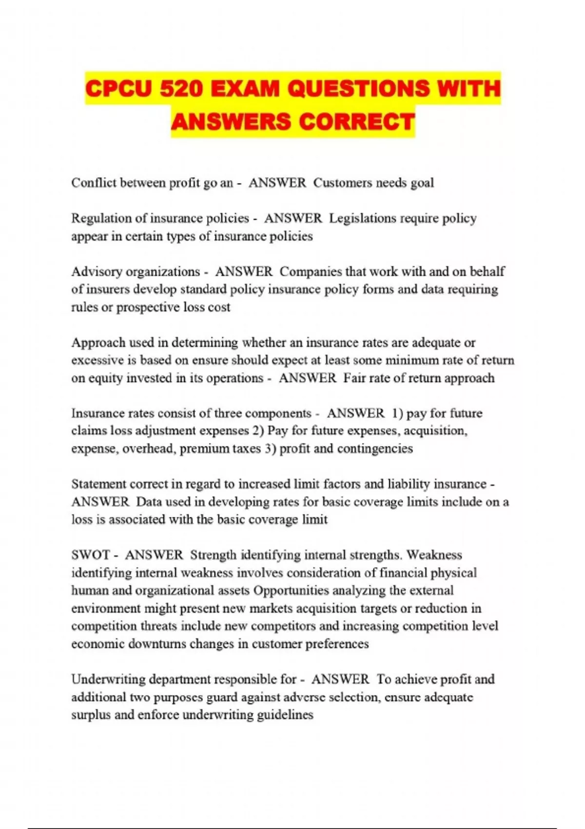 CPCU 520 EXAM QUESTIONS WITH ANSWERS CORRECT - CPCU 520 - Stuvia US