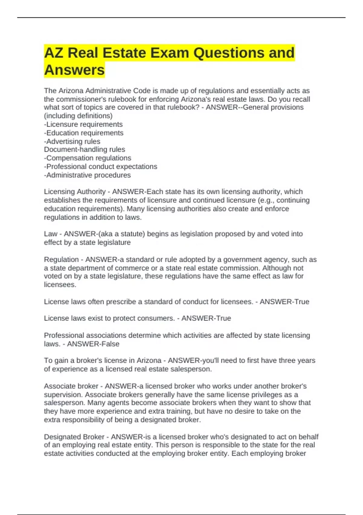 AZ Real Estate Exam Questions and Answers - Arizona School of Real Estate and Business - Stuvia US