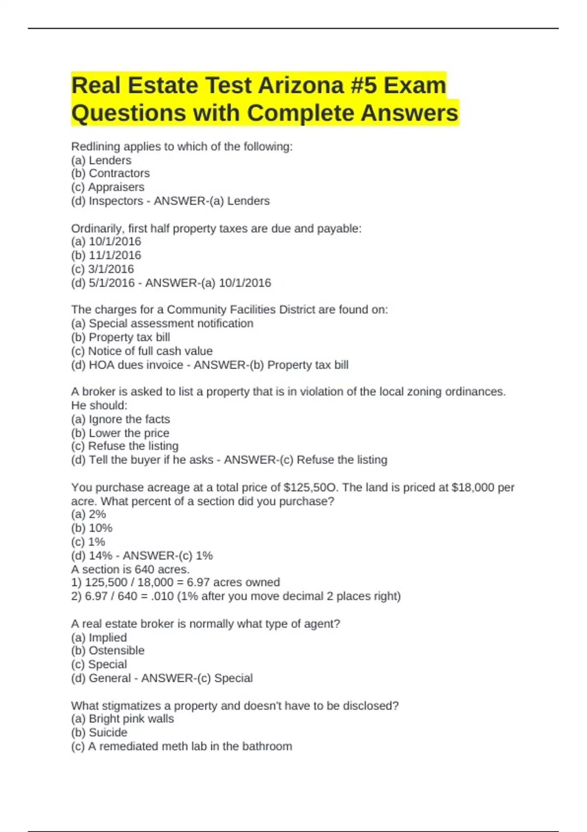 Real Estate Test Arizona #5 Exam Questions with Complete Answers ...
