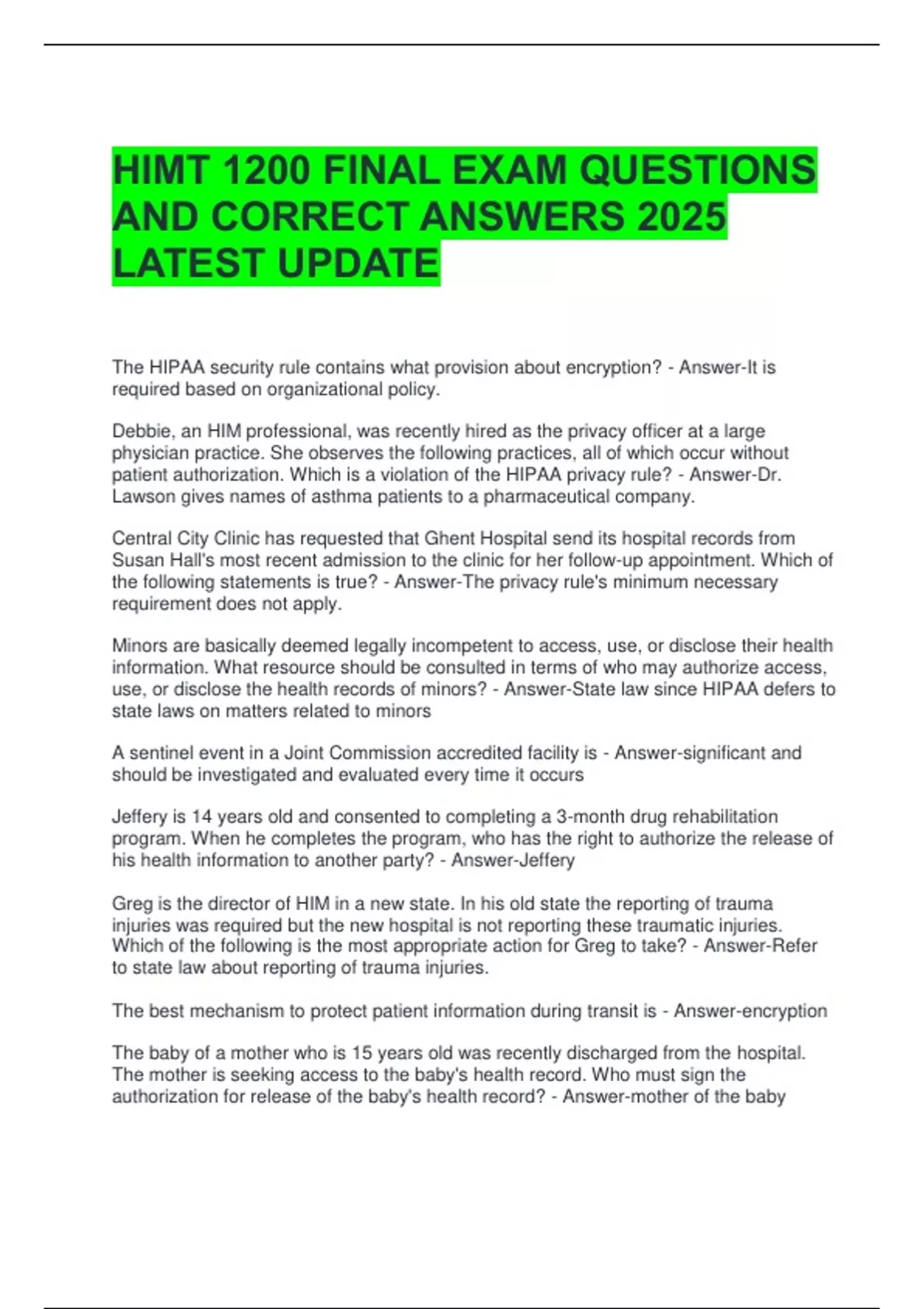 HIMT 1200 FINAL EXAM QUESTIONS AND CORRECT ANSWERS 2025 LATEST UPDATE ...