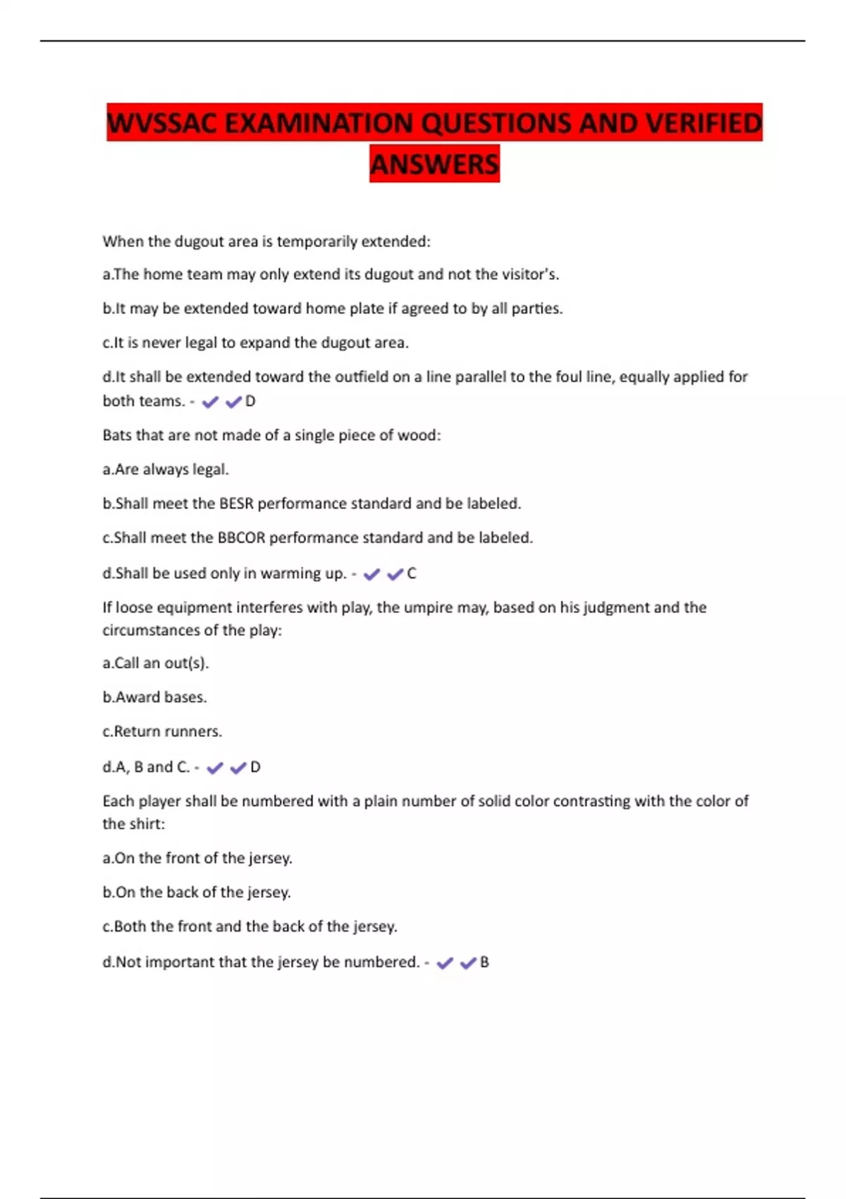 WVSSAC EXAMINATION QUESTIONS AND VERIFIED ANSWERS - WVSSAC - Stuvia US