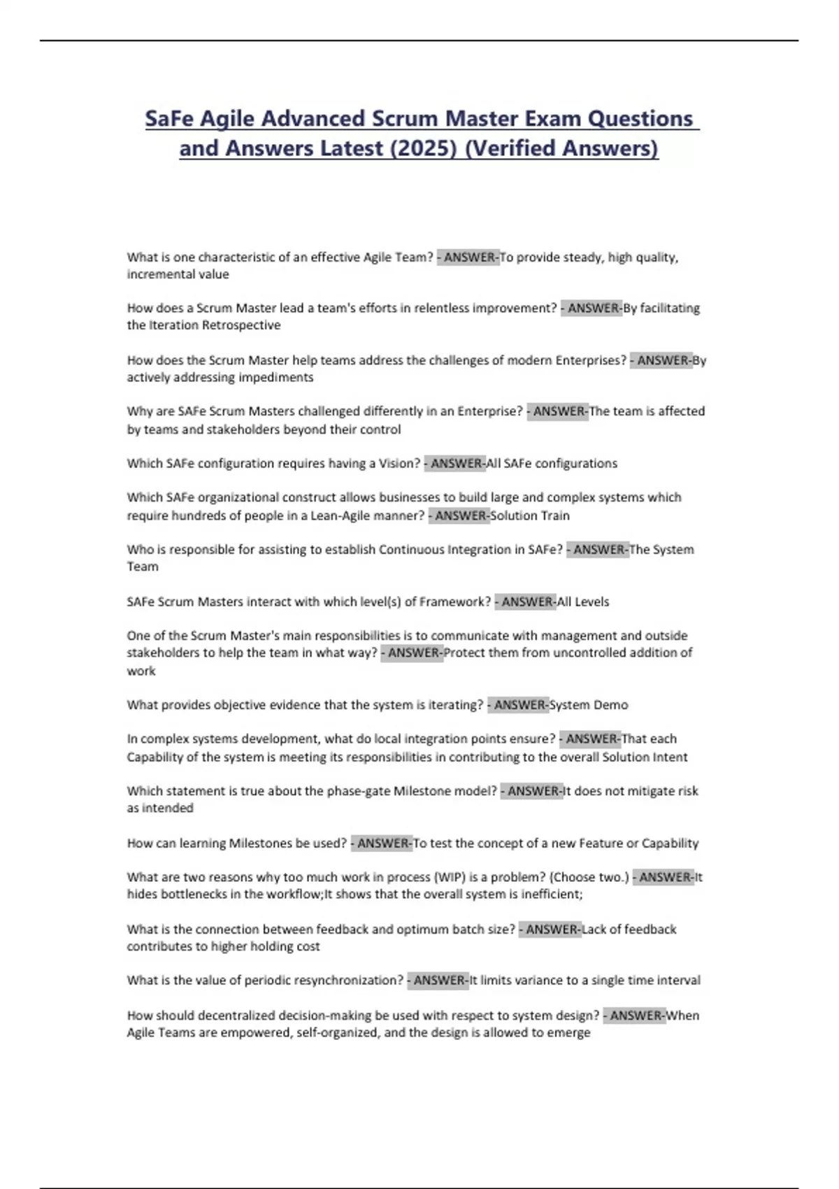 Safe Agile Advanced Scrum Master Exam Questions And Answers Latest 2025 Verified Answers