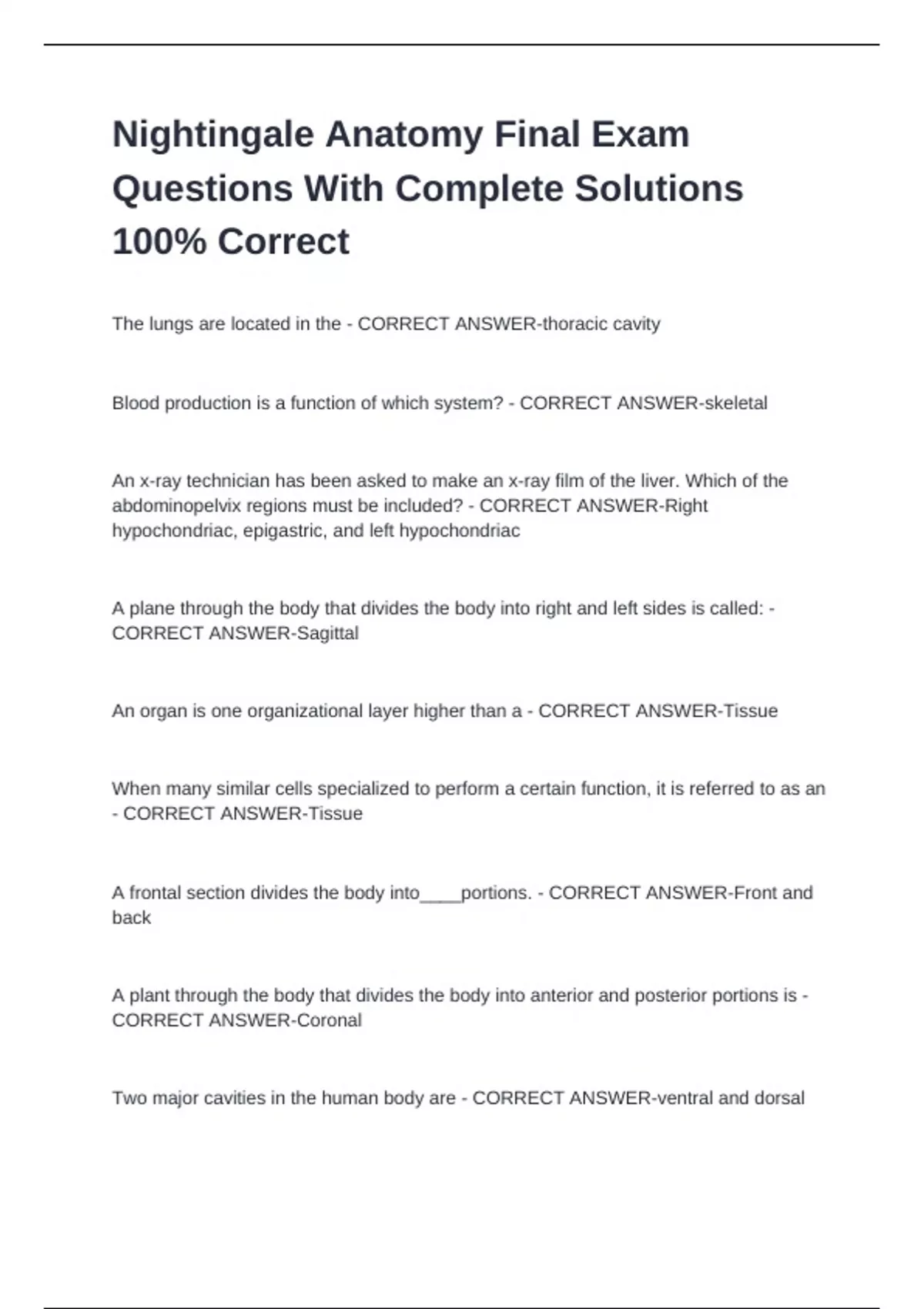 Nightingale Anatomy Final Exam Questions With Complete Solutions 100% ...