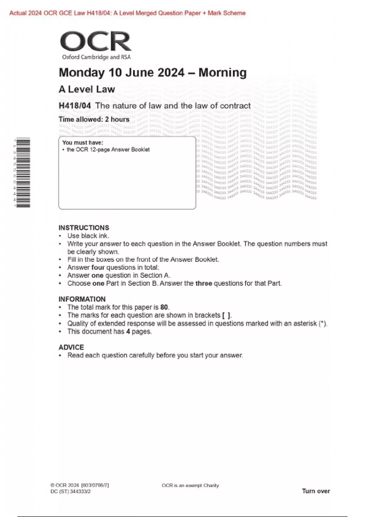 Actual 2024 OCR GCE Law H418/04: The nature of law and the law of ...