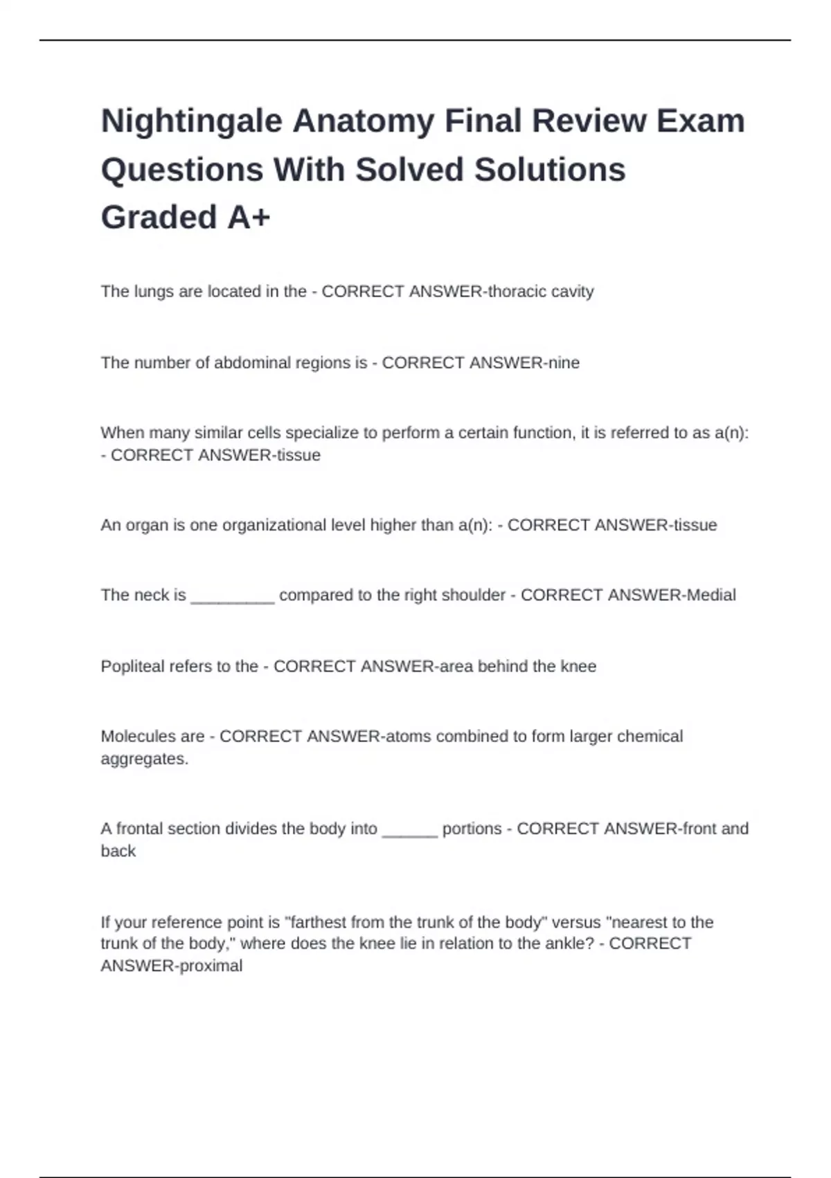 Nightingale Anatomy Final Review Exam Questions With Solved Solutions ...