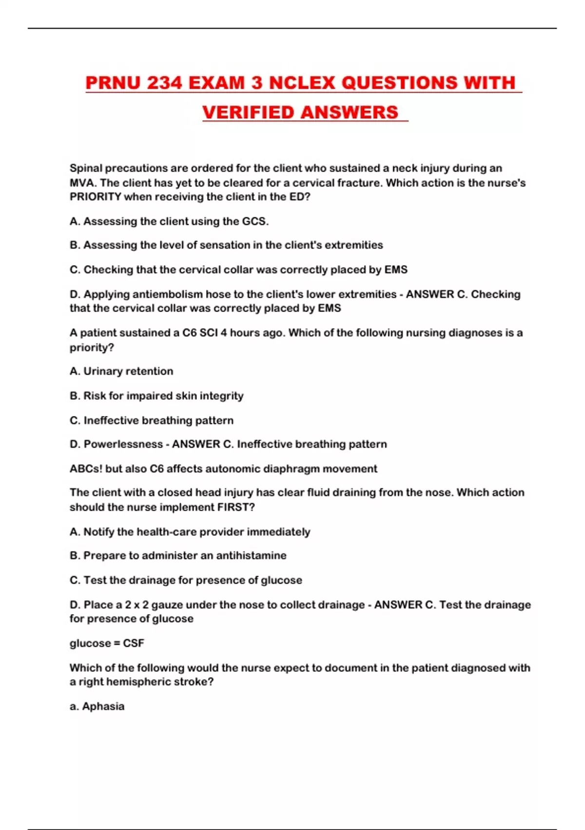 PRNU 234 EXAM 3 NCLEX QUESTIONS WITH VERIFIED ANSWERS - PRNU 234 - Stuvia US