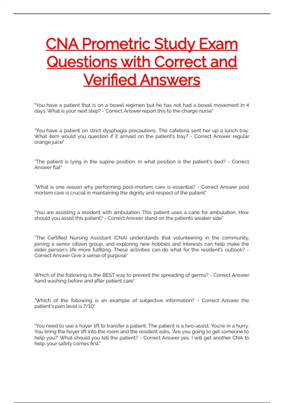 CNA Prometric Study Exam Questions with Correct and Verified Answers ...