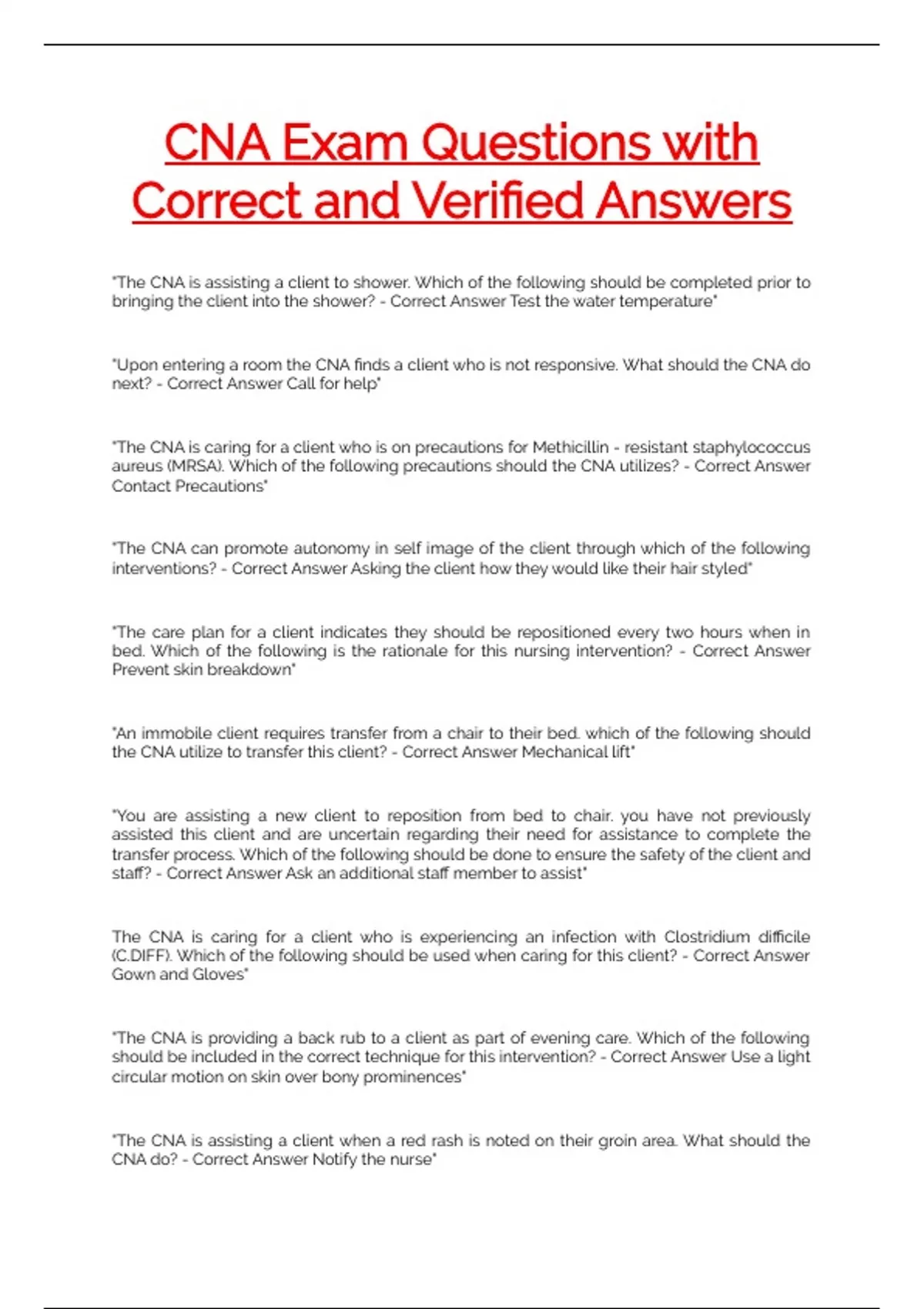 CNA Exam Questions with Correct and Verified Answers - Cna - Stuvia US