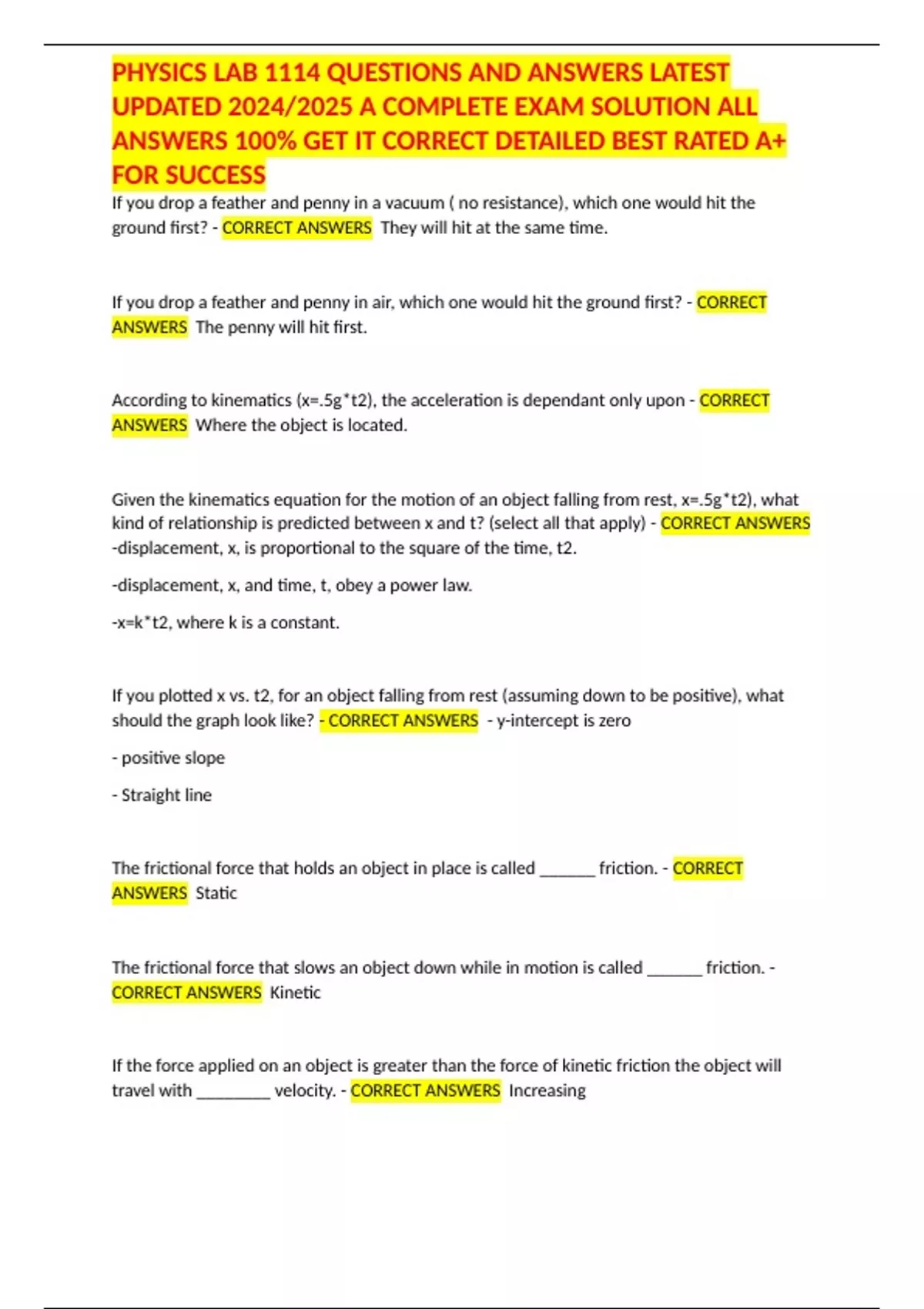 PHYSICS LAB 1114 QUESTIONS AND ANSWERS LATEST UPDATED 2024/2025 A ...