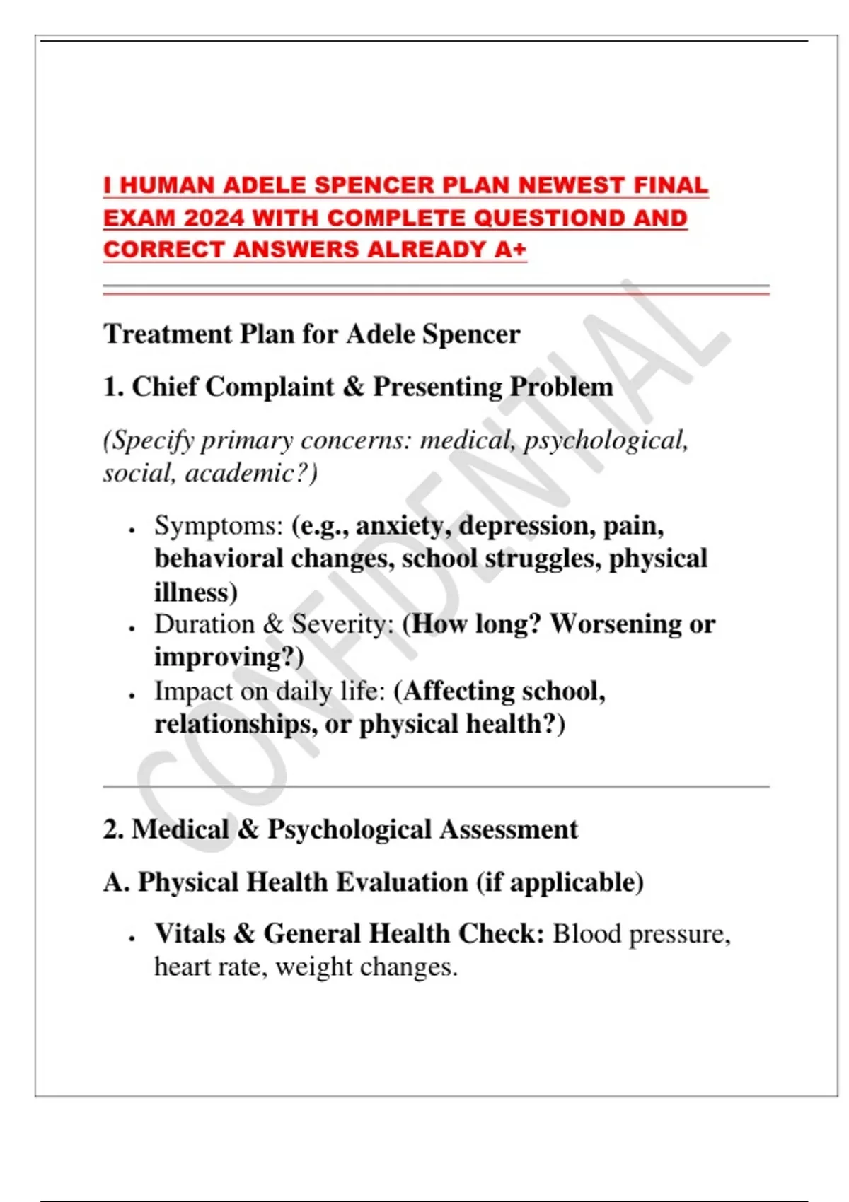 I HUMAN ADELE SPENCER PLAN NEWEST FINAL EXAM 2024 WITH COMPLETE QUESTIOND AND CORRECT ANSWERS ...