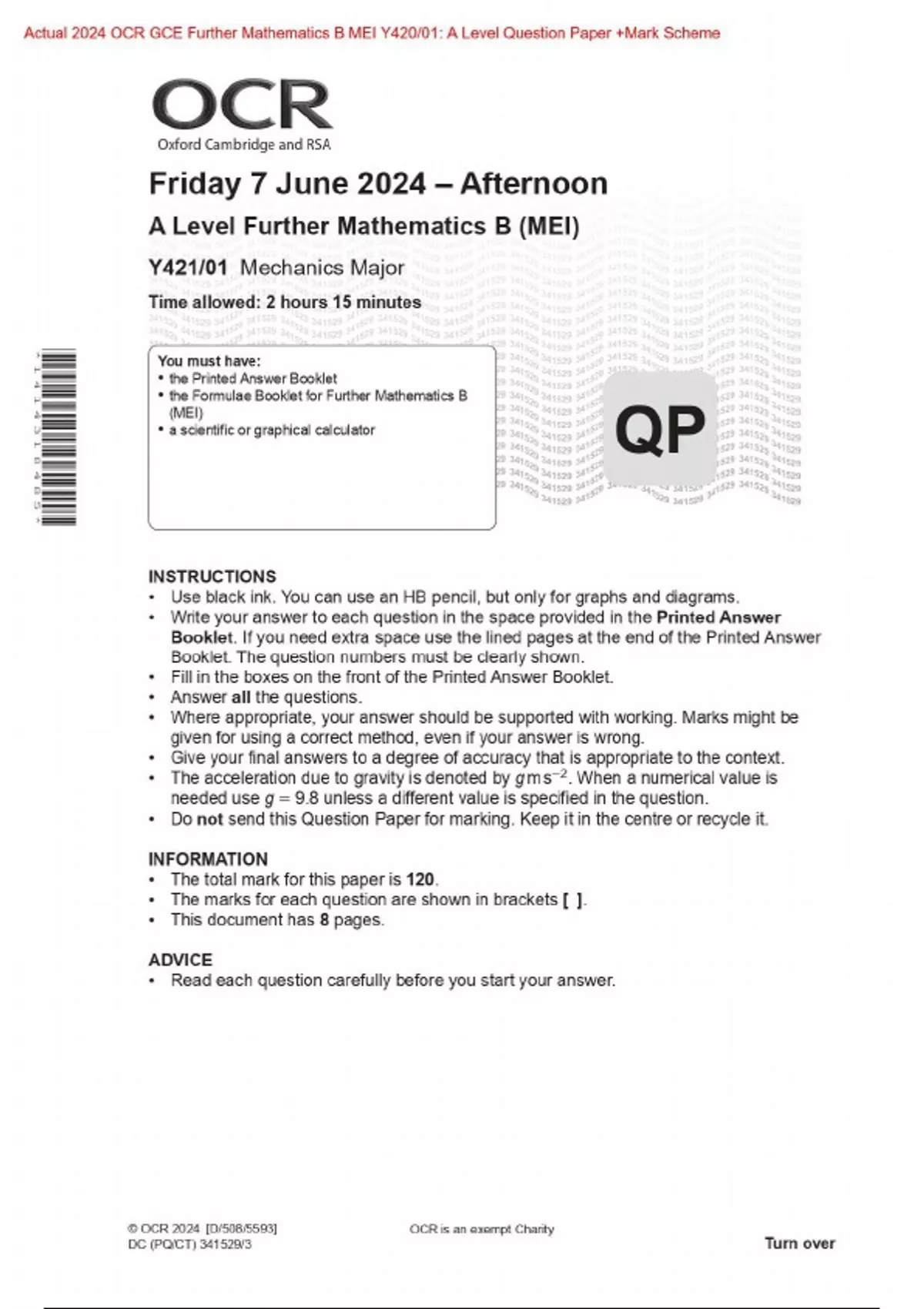 Actual 2024 OCR GCE Further Mathematics B MEI Y421/01: Mechanics major ...