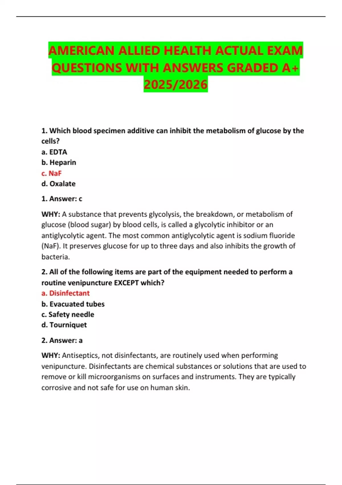 AMERICAN ALLIED HEALTH ACTUAL EXAM QUESTIONS WITH ANSWERS GRADED A+ ...