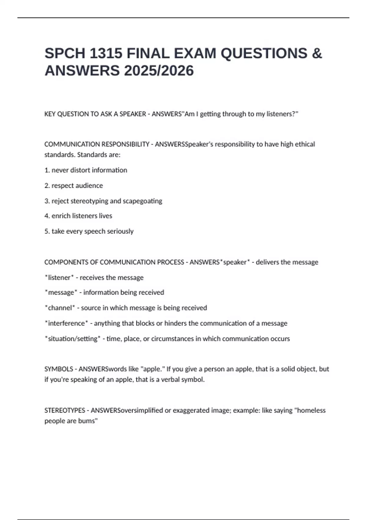 SPCH 1315 FINAL EXAM QUESTIONS & ANSWERS 2025/2026 - SPCH 1315 - Stuvia US