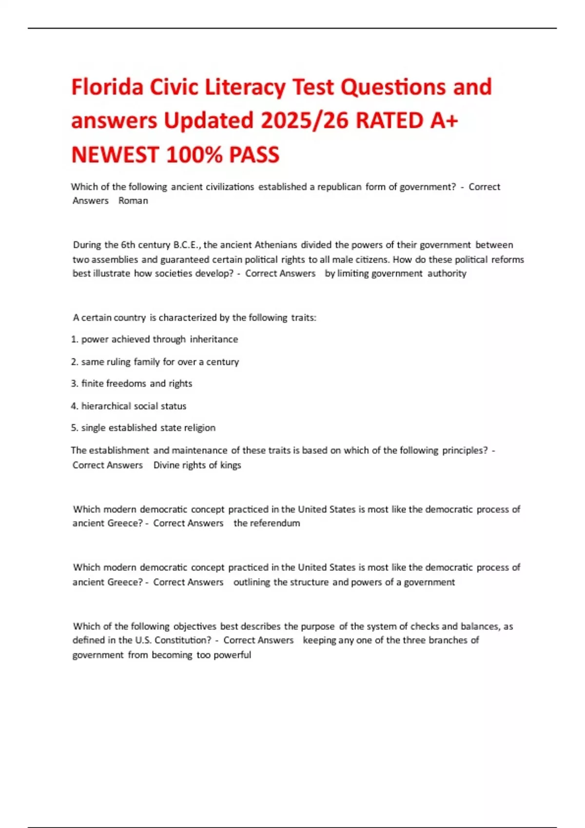 Florida Civic Literacy Test Questions and answers Updated 2025/26 RATED ...