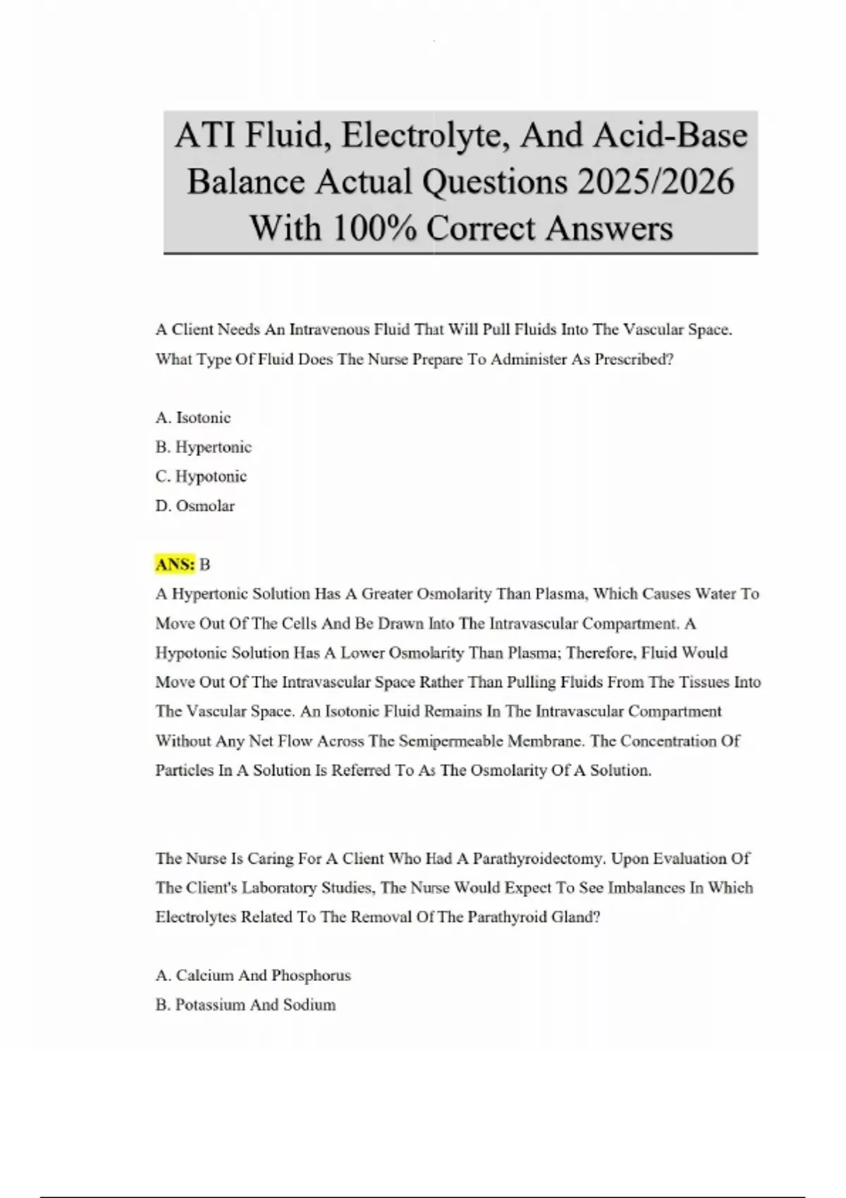 ATI Fluid, Electrolyte, And Acid-Base Balance Actual Questions 2025/ ...