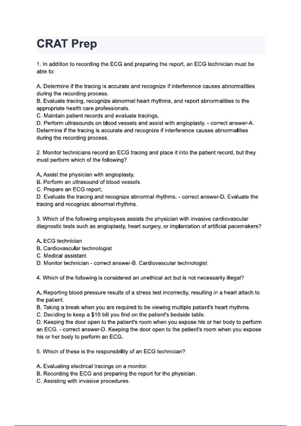 CRAT Prep questions and answers - CRAT - Stuvia US