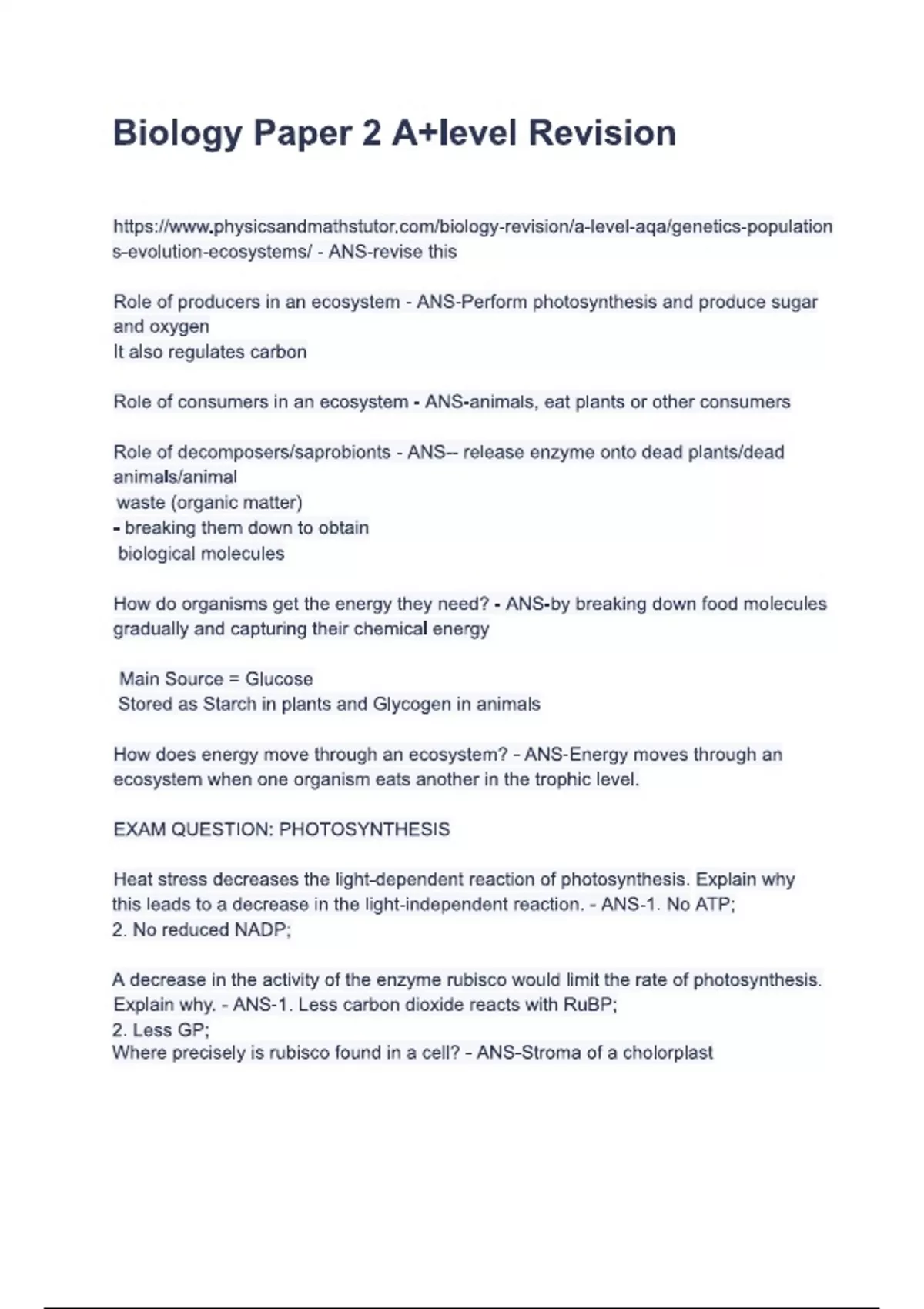 Biology Paper 2 A+level Revision questions and answers. - Biology ...