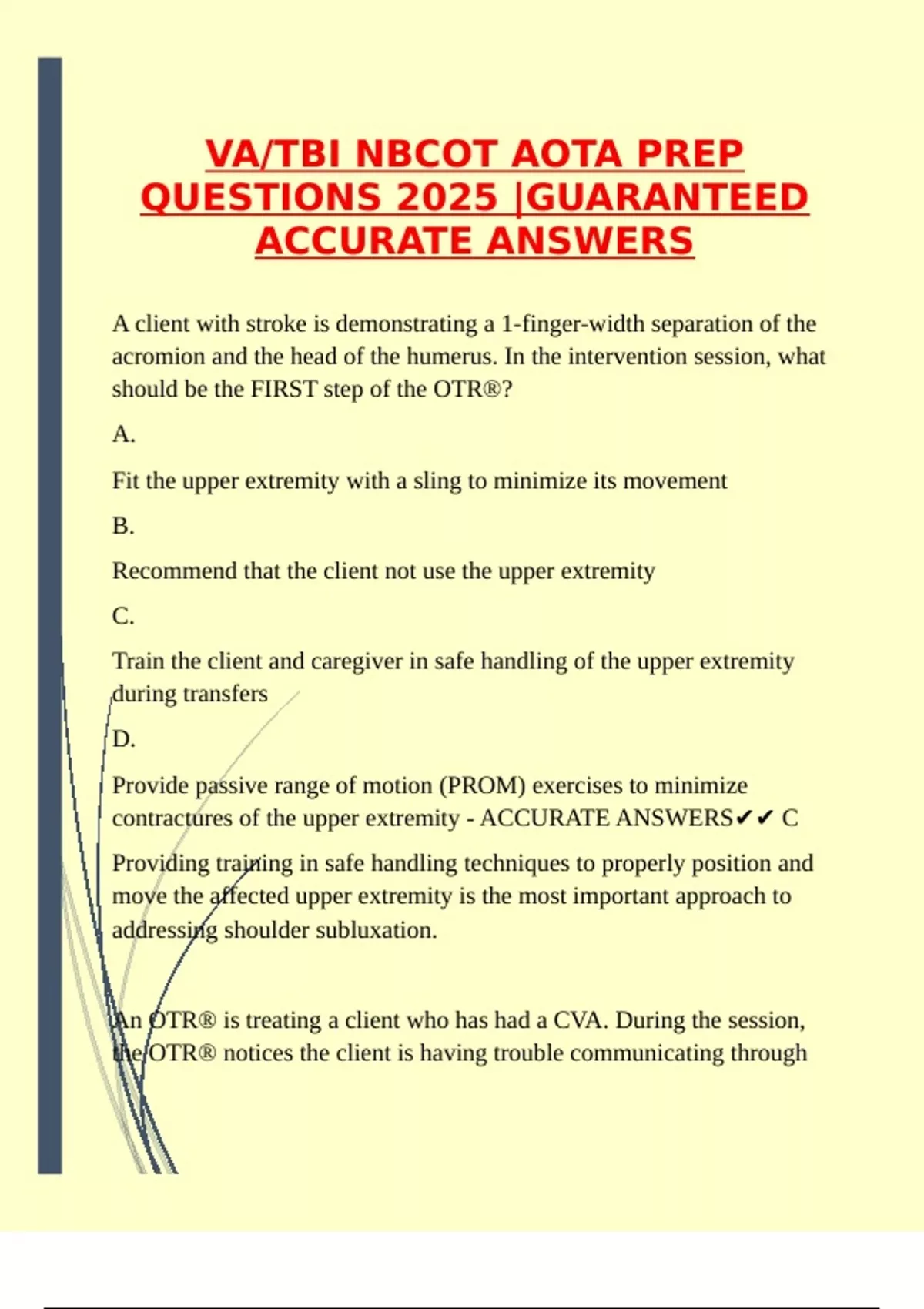 VA/TBI NBCOT AOTA PREP QUESTIONS 2025 |GUARANTEED ACCURATE ANSWERS - VA ...