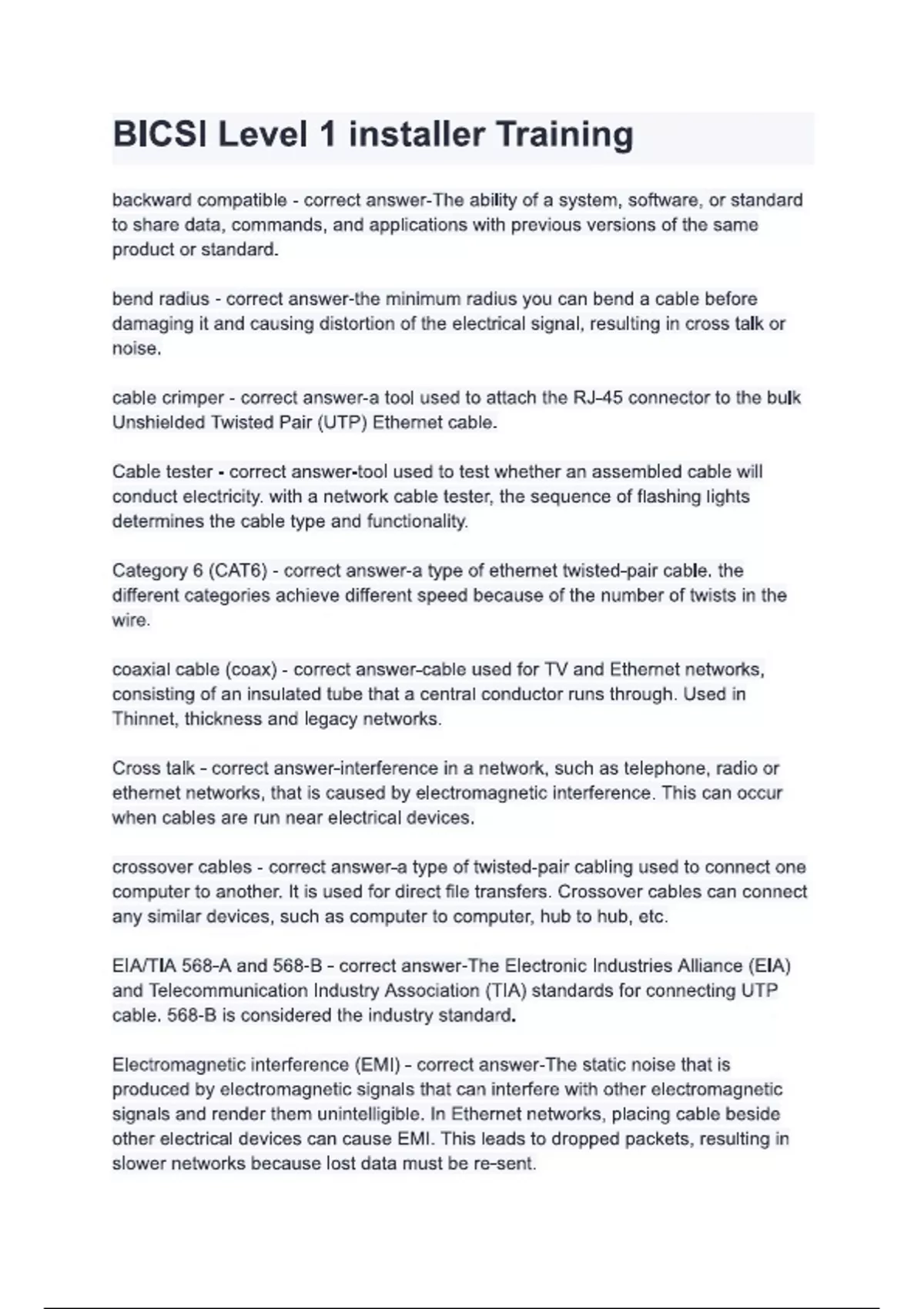 BICSI Level 1 installer Training questions and answers - BICSI - Stuvia US