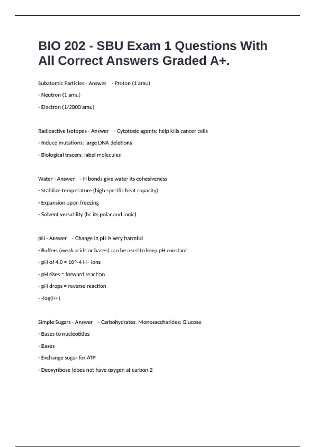BIO 202 - SBU Exam 1 Questions With All Correct Answers Graded A+. - BIO 202 - Stuvia US