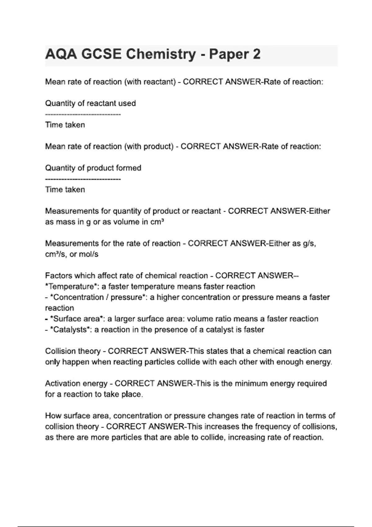 AQA GCSE Chemistry - Paper 2 - AQA - Stuvia US