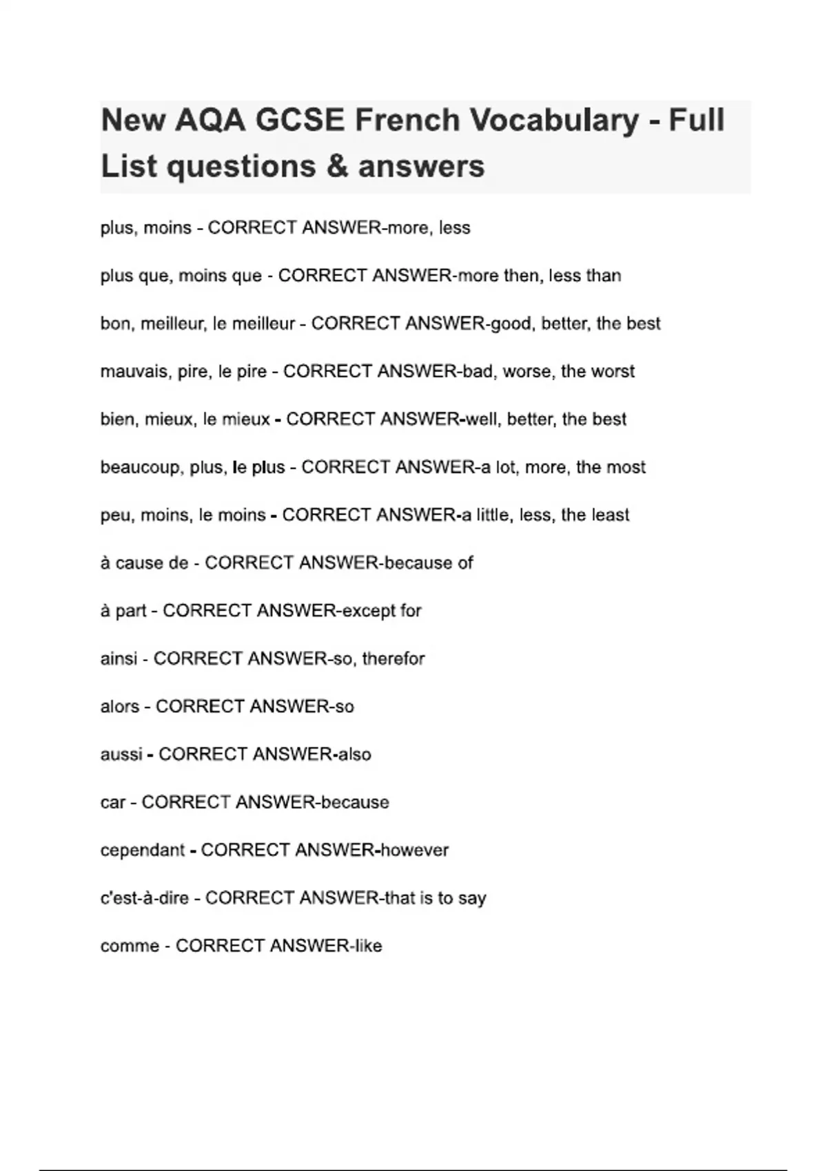 New AQA GCSE French Vocabulary - Full List questions & answers - AQA ...