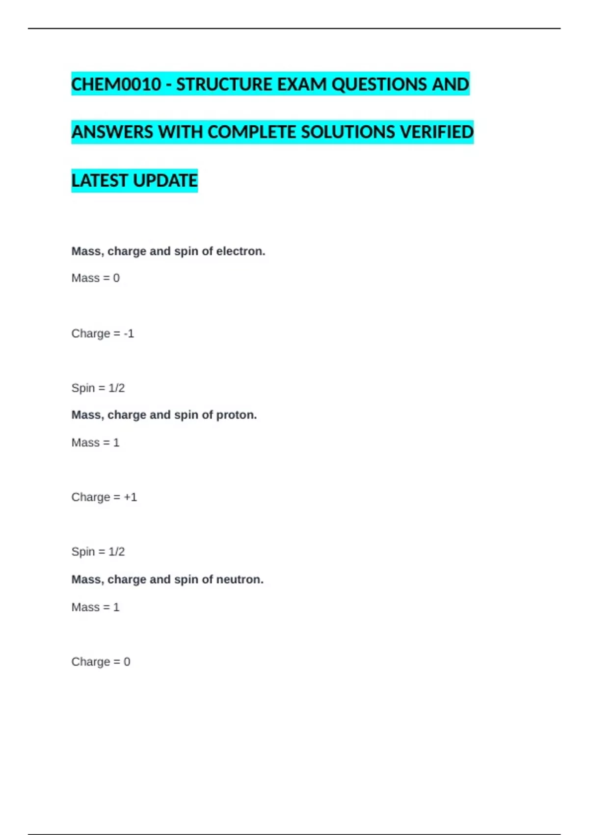 CHEM0010 - STRUCTURE EXAM QUESTIONS AND ANSWERS WITH COMPLETE SOLUTIONS ...