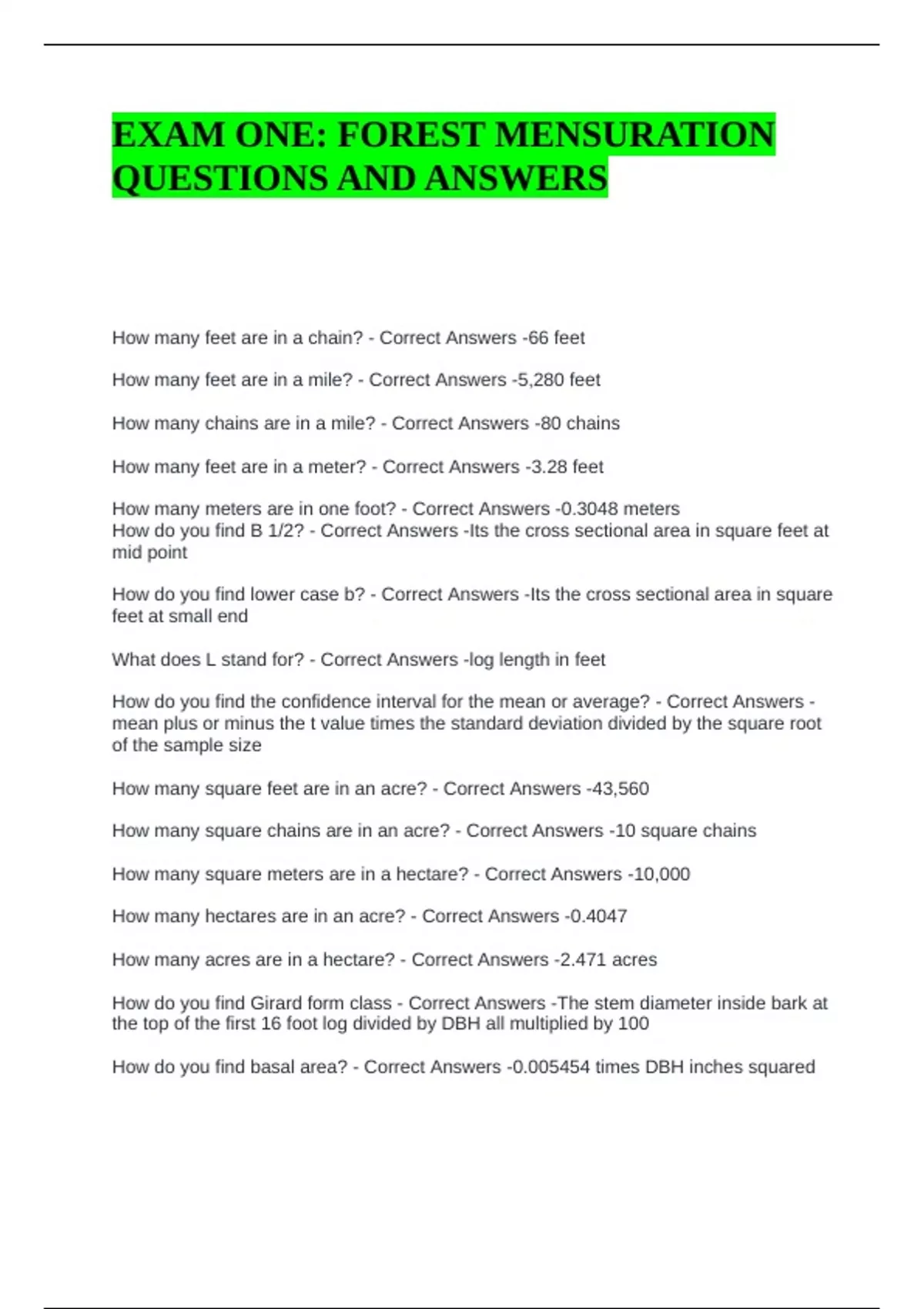 EXAM ONE FOREST MENSURATION QUESTIONS AND ANSWERS - Forest Measurements ...
