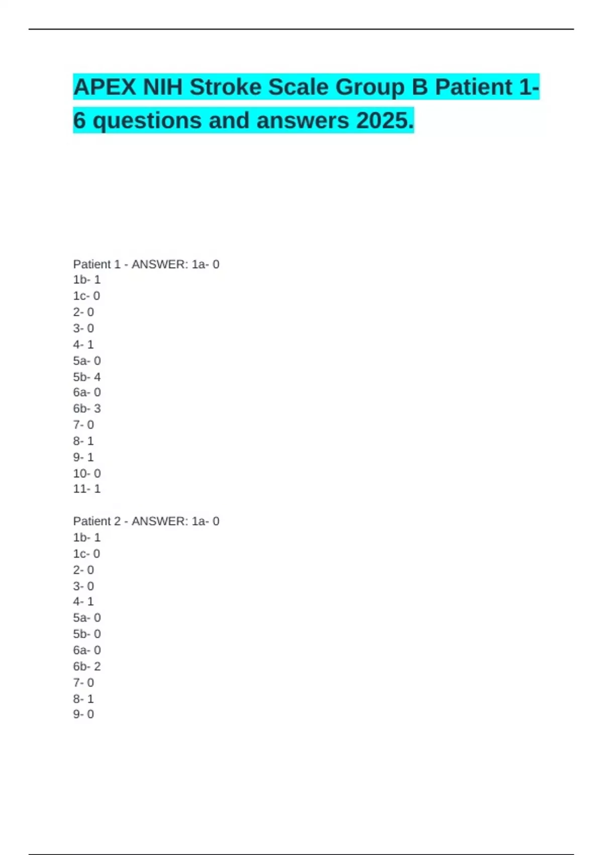 APEX NIH Stroke Scale Group B Patient 1-6 questions and answers 2025 ...