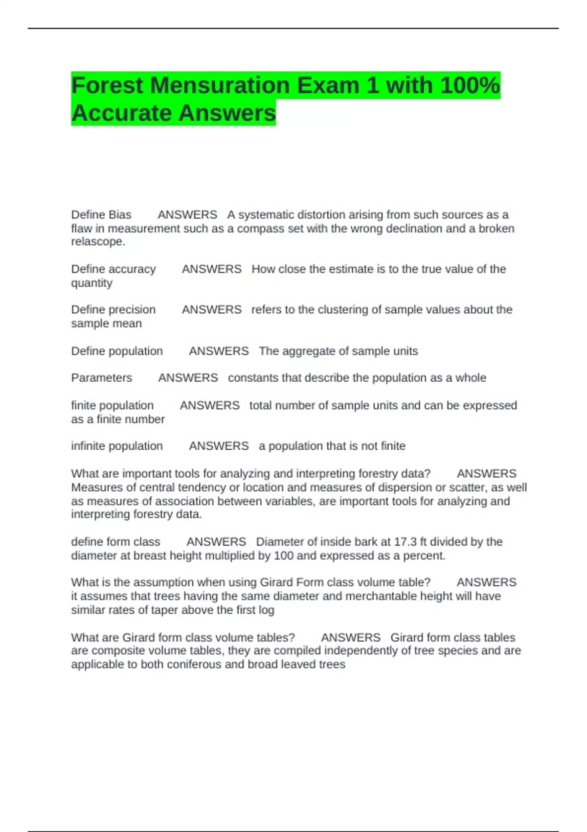 Forest Mensuration Exam 1 with 100% Accurate Answers - Forest ...