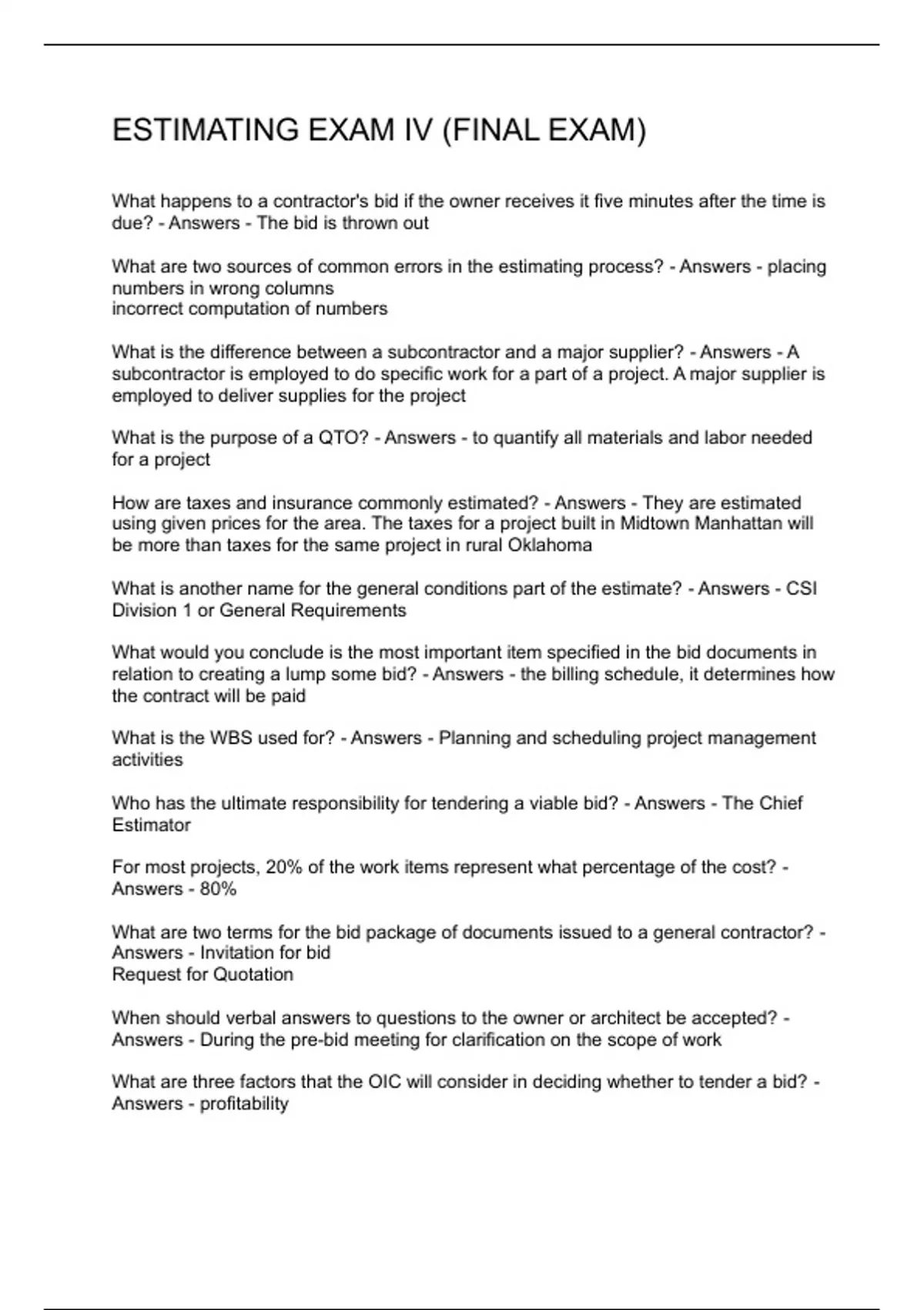 ESTIMATING EXAM IV (FINAL EXAM) - ESTIMATING - Stuvia US