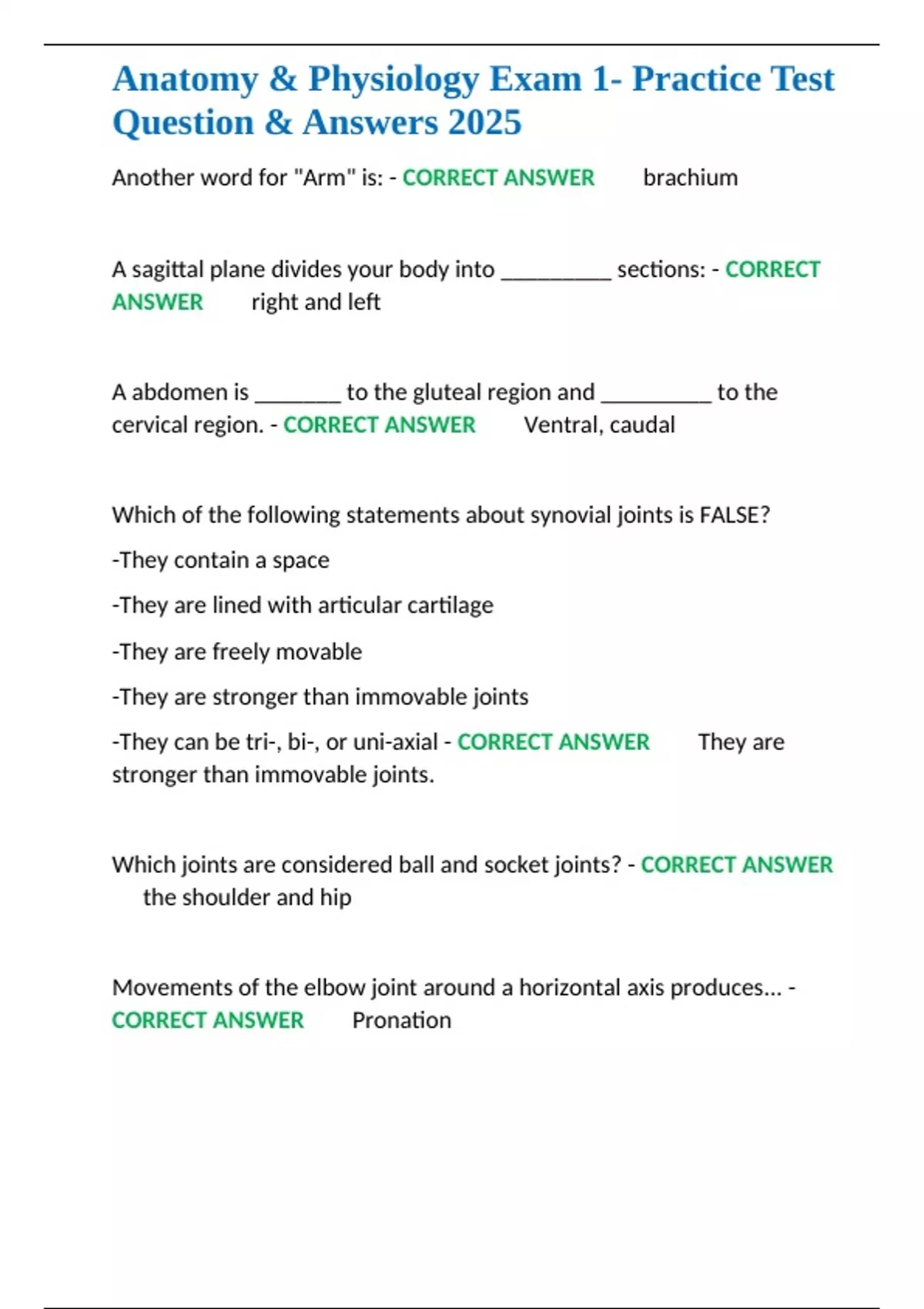 Anatomy & Physiology Exam 1- Practice Test Question & Answers 2025.docx ...