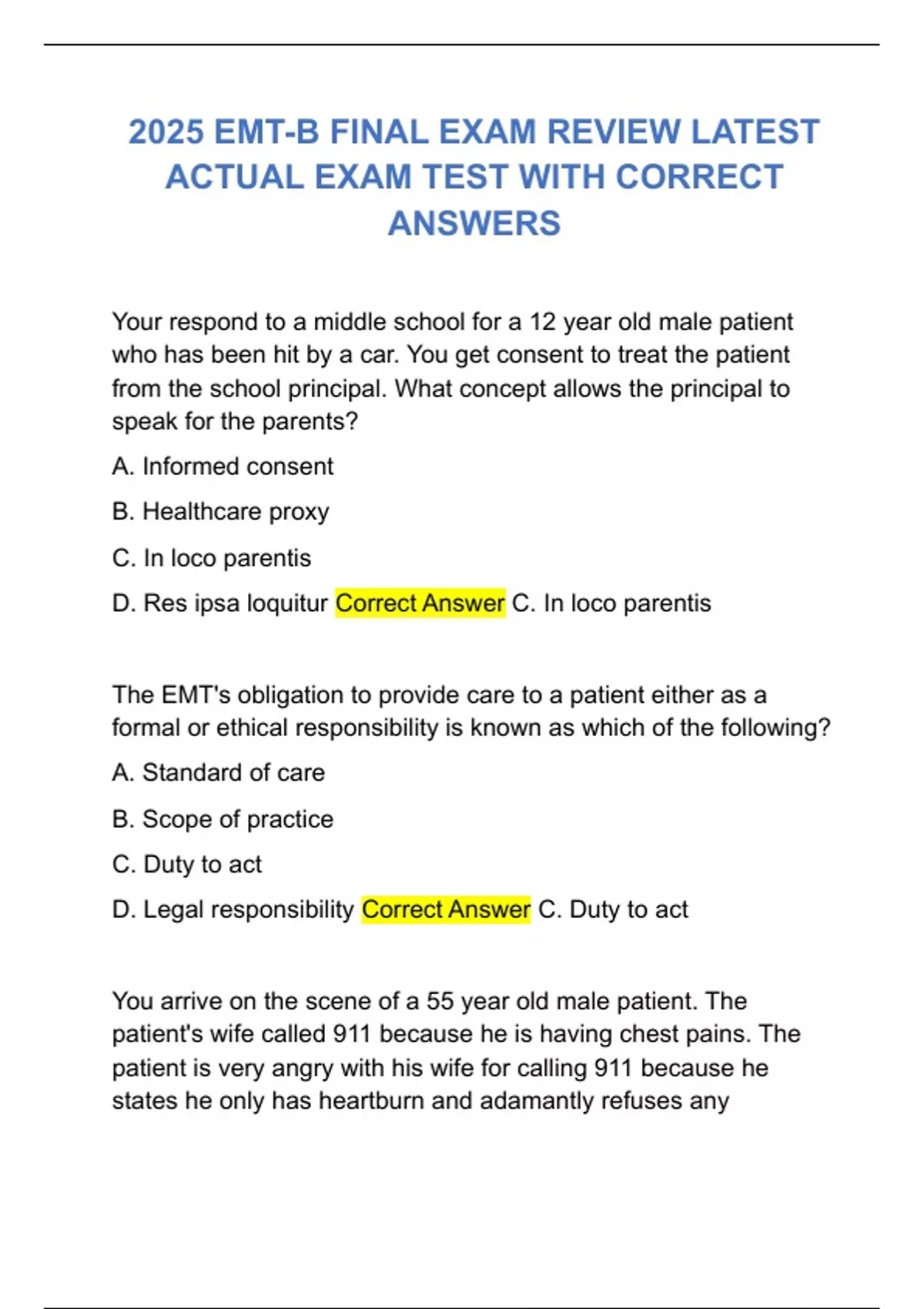 2025 EMT-B FINAL EXAM REVIEW LATEST ACTUAL EXAM TEST WITH CORRECT ...
