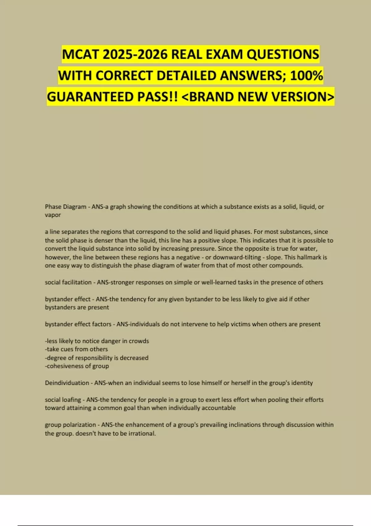 MCAT REAL EXAM QUESTIONS WITH CORRECT DETAILED ANSWERS; 100% GUARANTEED ...