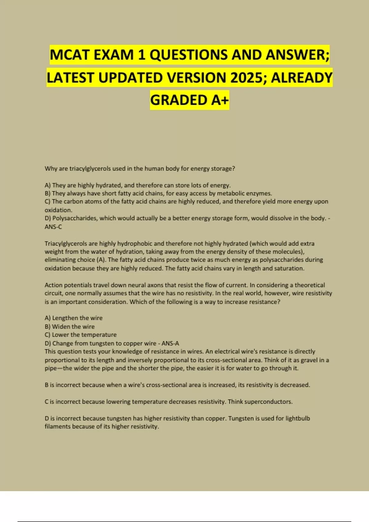 MCAT EXAM 1 QUESTIONS AND ANSWER; LATEST UPDATED VERSION 2025; ALREADY ...