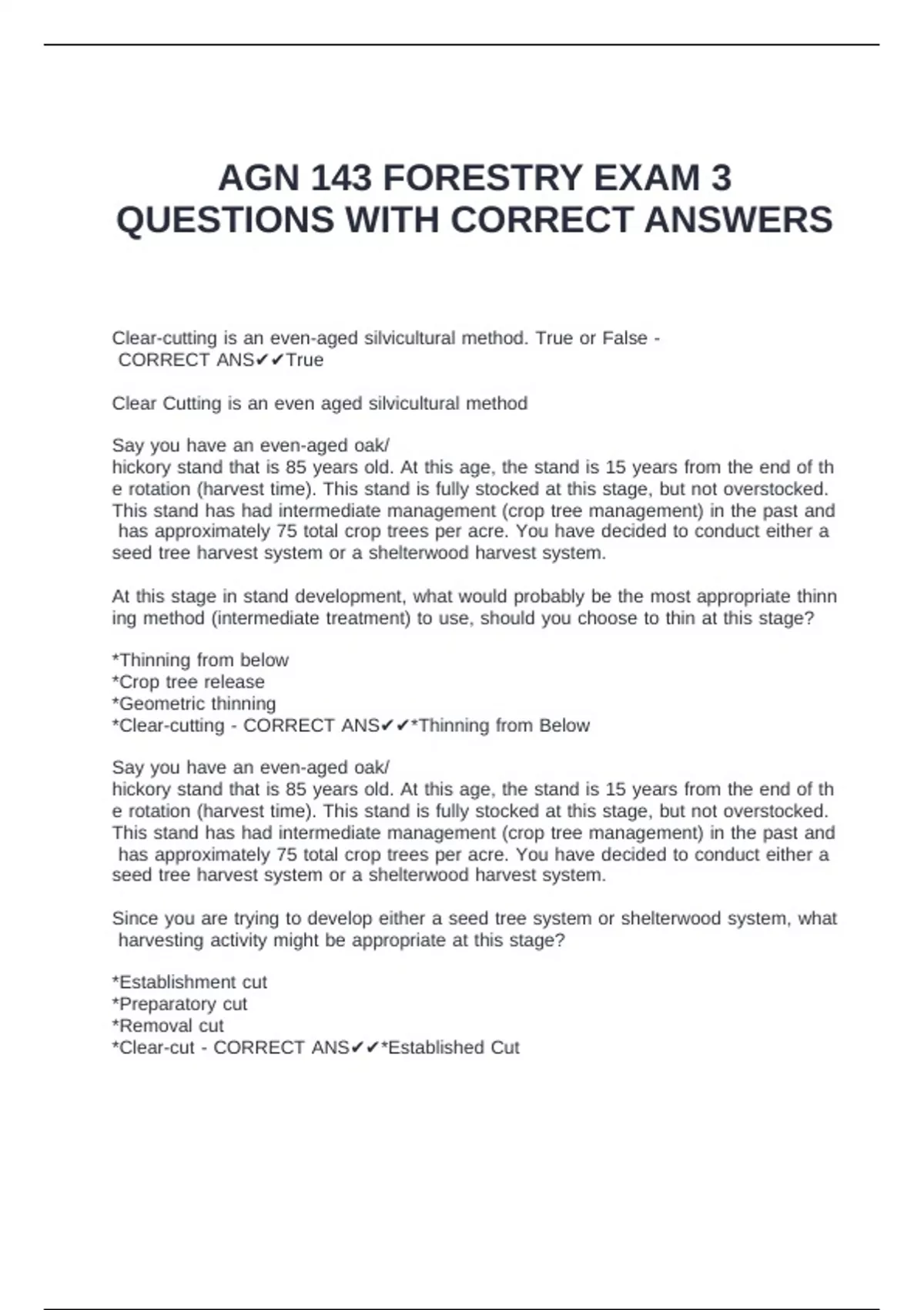 AGN 143 FORESTRY EXAM 3 QUESTIONS WITH CORRECT ANSWERS - Forest ...