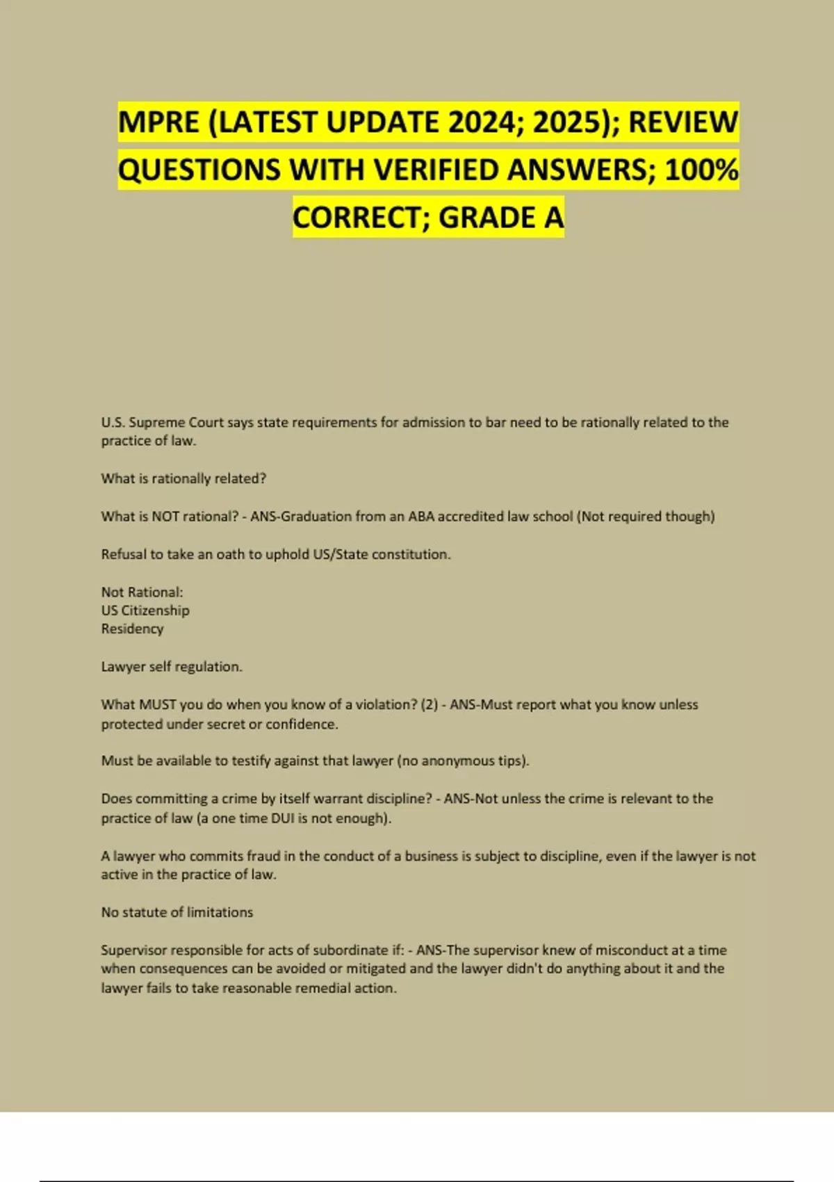 MPRE (LATEST UPDATE 2024; 2025); REVIEW QUESTIONS WITH VERIFIED ANSWERS ...