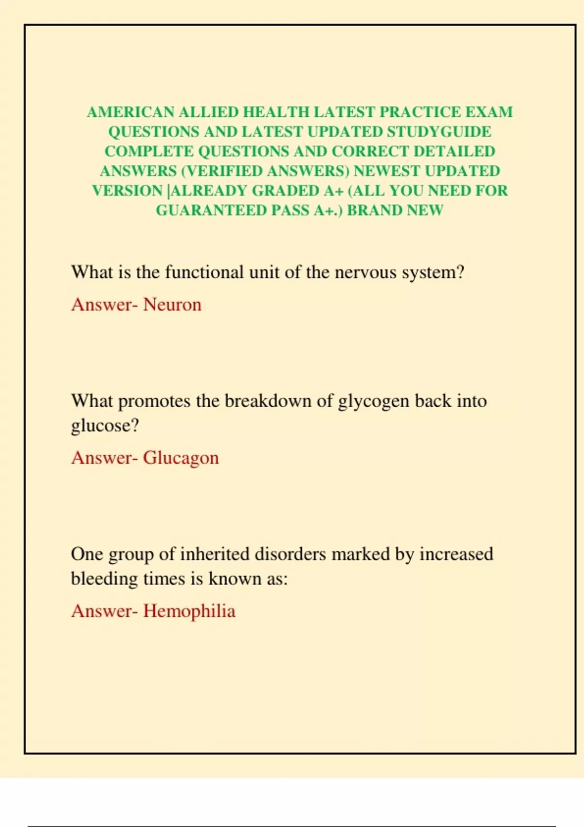 AMERICAN ALLIED HEALTH LATEST PRACTICE EXAM QUESTIONS AND LATEST ...