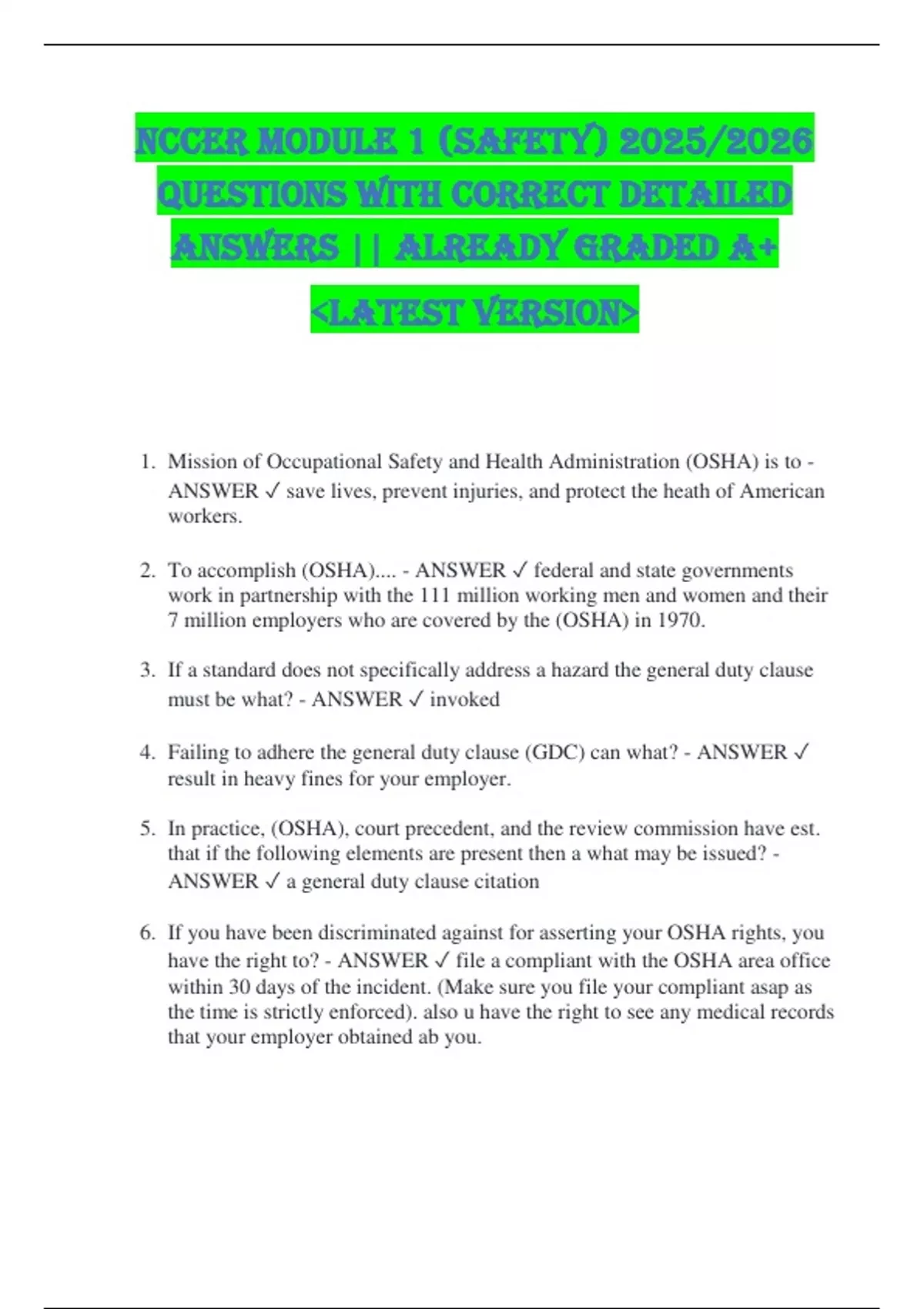 NCCER Module 1 (Safety) 2025/2026 Questions with Correct DETAILED ...