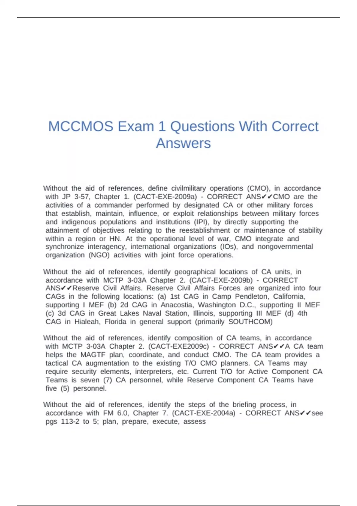 MCCMOS Exam 1 Questions With Correct Answers - MCCMOS 0530 - Stuvia US