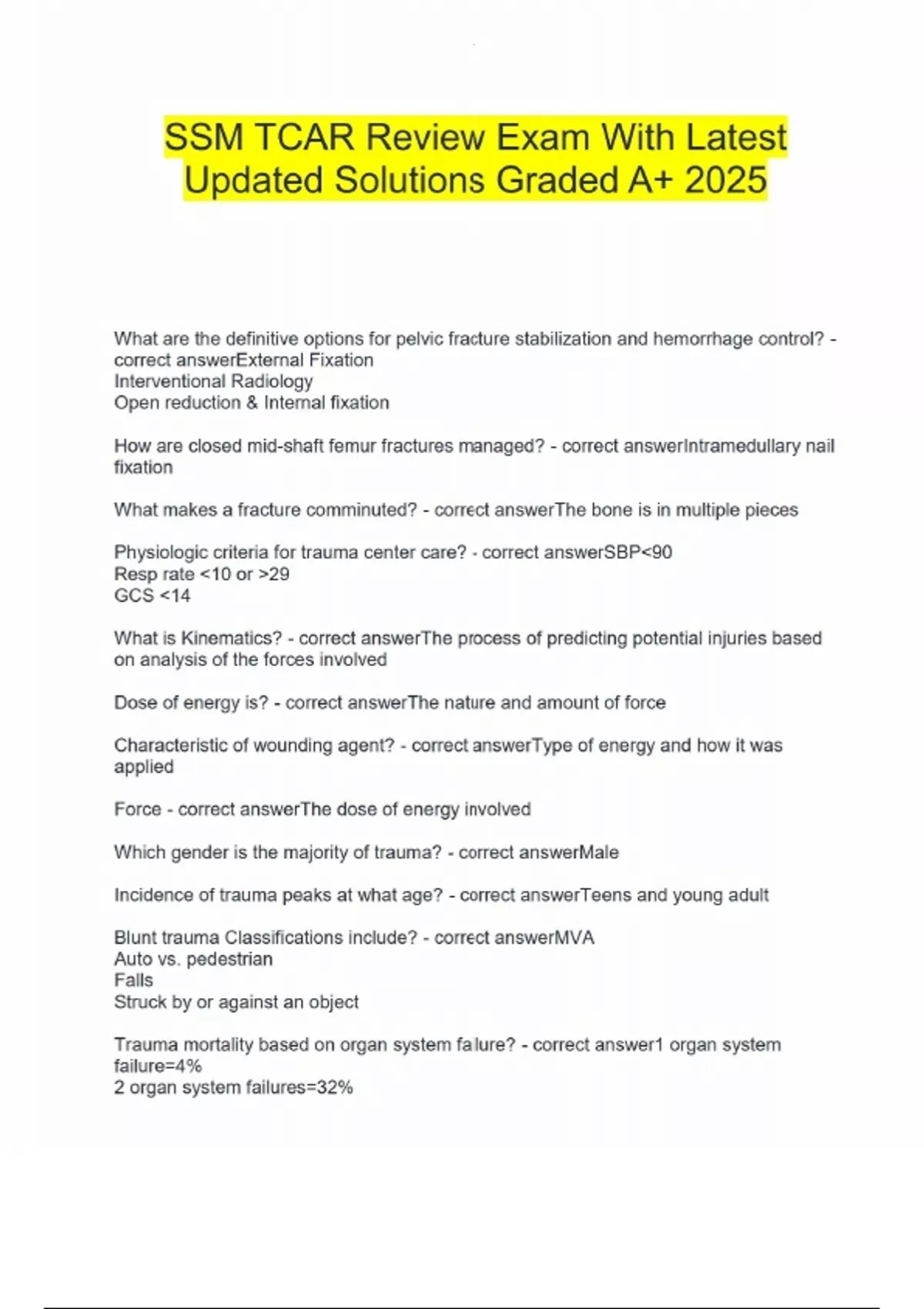 SSM TCAR Review Exam With Latest Updated Solutions Graded A+ 2025 - SSM ...