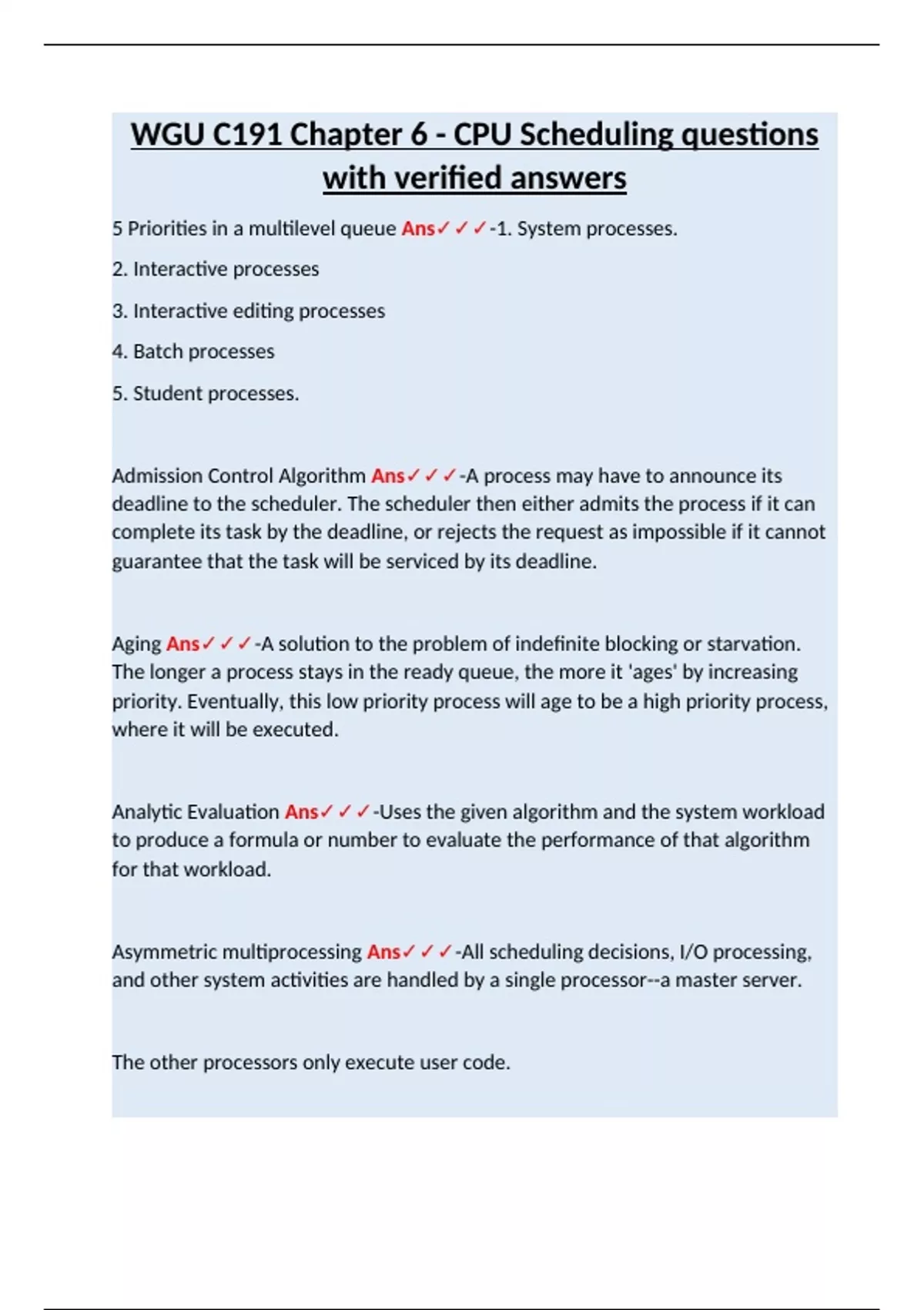 WGU C191 Chapter 6 - CPU Scheduling questions with verified answers - WGU C191 Operating Systems ...