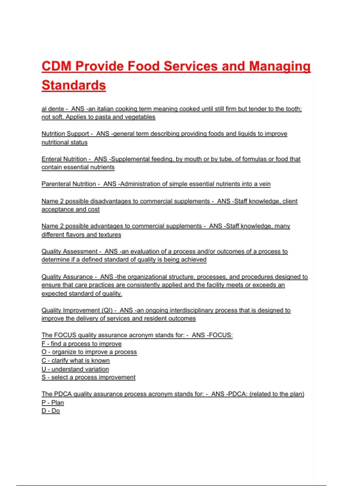 CDM Provide Food Services and Managing Standards Exam Questions with ...