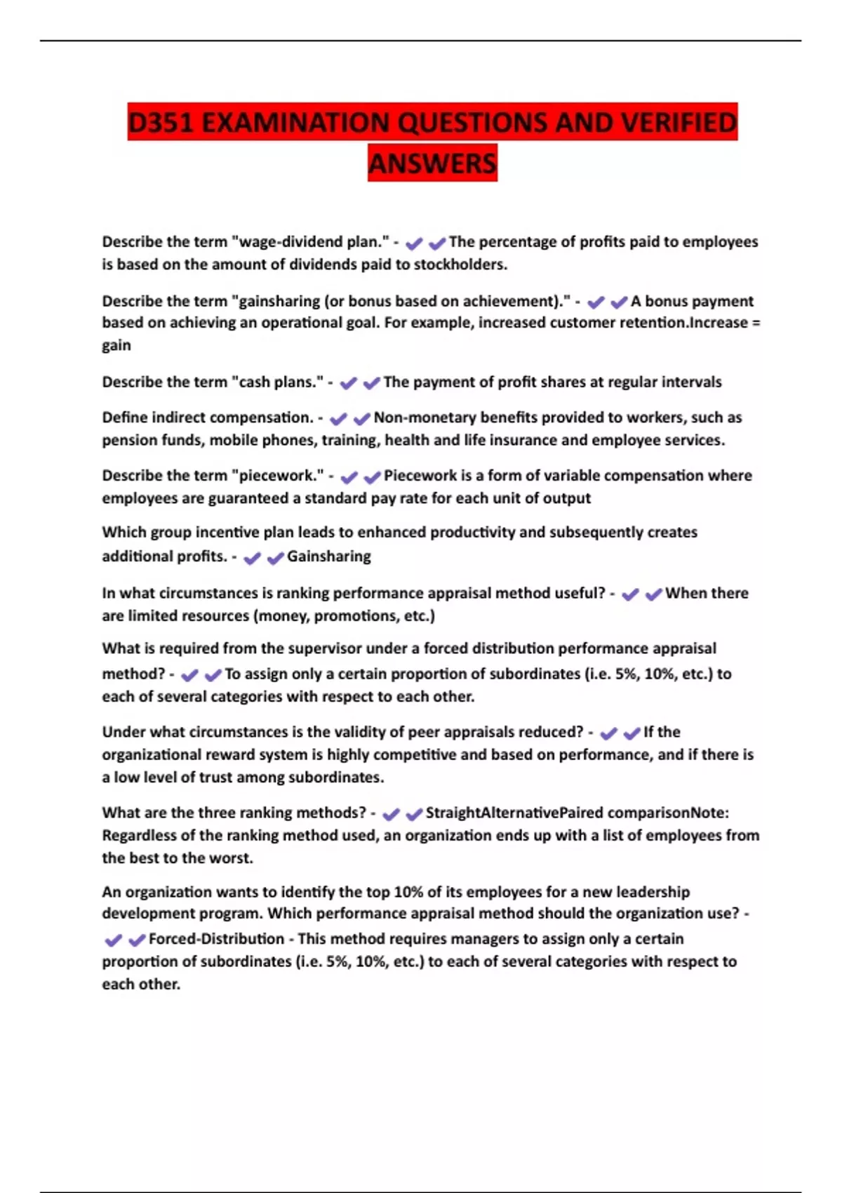 D351 EXAMINATION QUESTIONS AND VERIFIED ANSWERS - D351 - Stuvia US