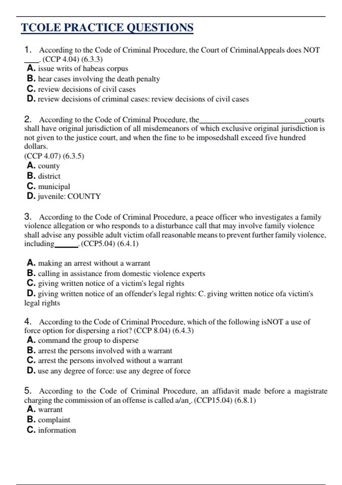 TCOLE PRACTICE QUESTIONS (LATEST 2025) | QUESTIONS & VERIFIED ANSWERS ...