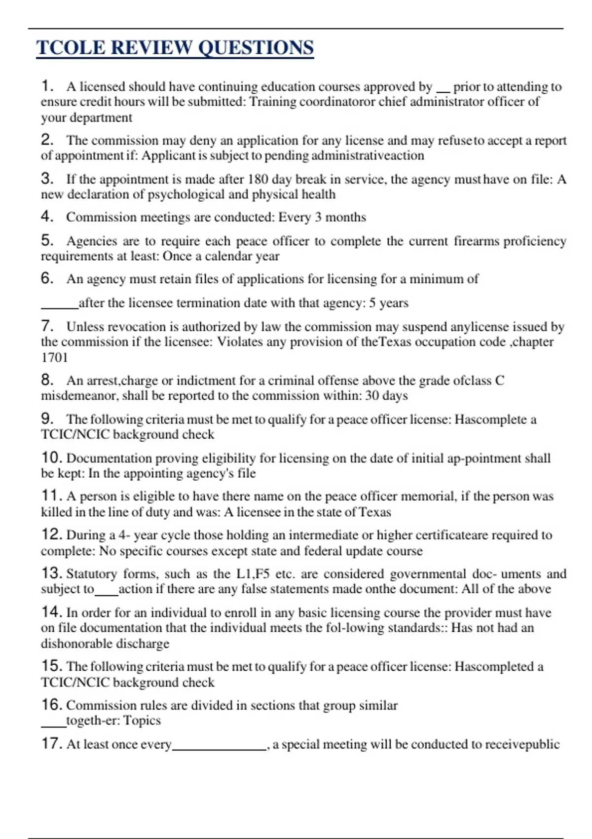 TCOLE REVIEW QUESTIONS (LATEST 2025) | QUESTIONS & VERIFIED ANSWERS ...