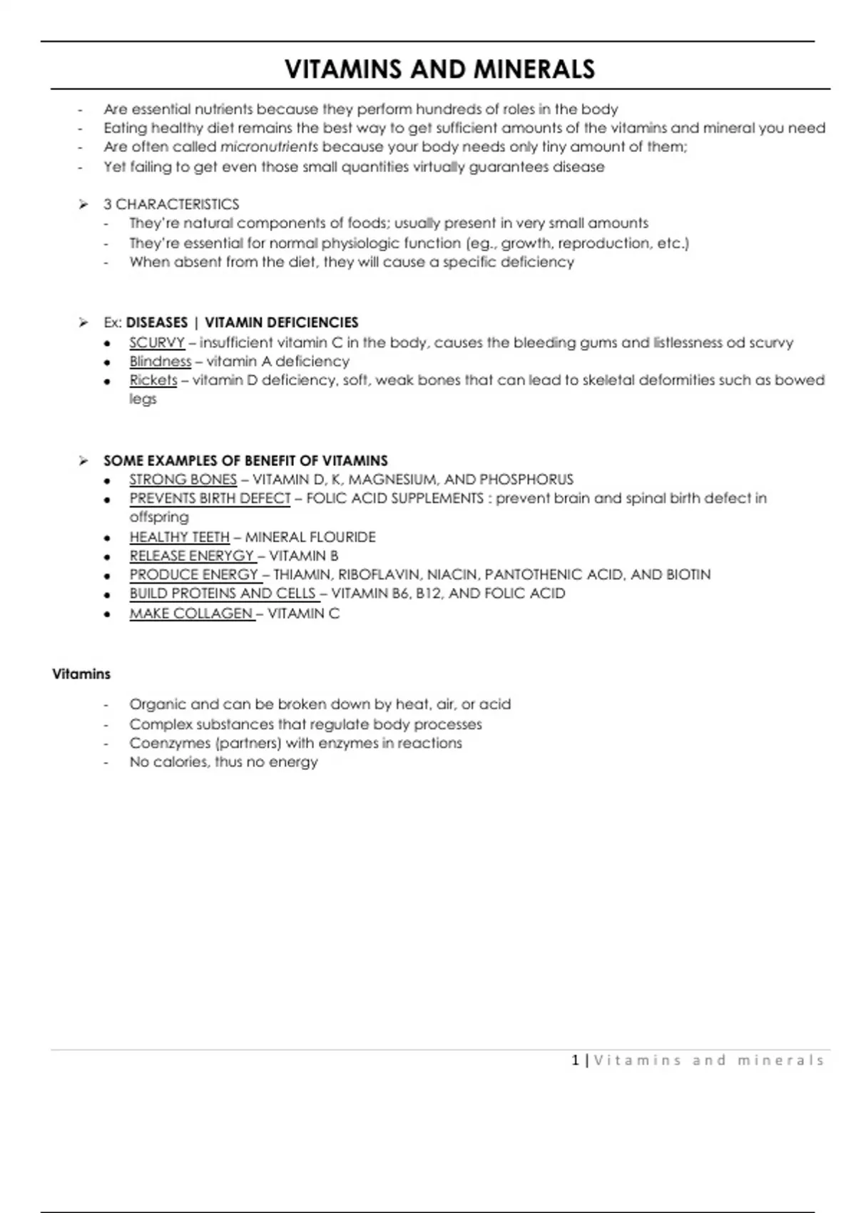Vitamins and Minerals summary for biology 2025 cheet sheet - Biology ...