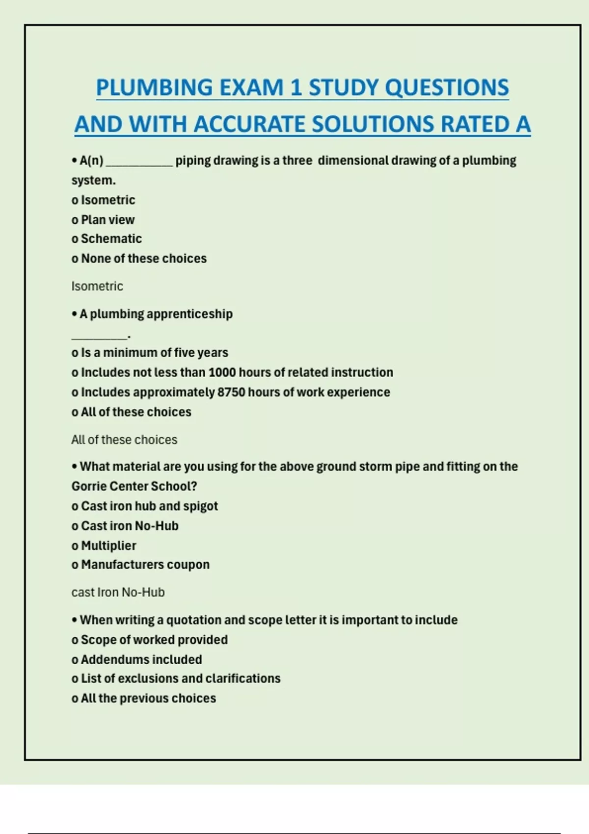 PLUMBING EXAM 1 STUDY QUESTIONS AND WITH ACCURATE SOLUTIONS RATED A ...