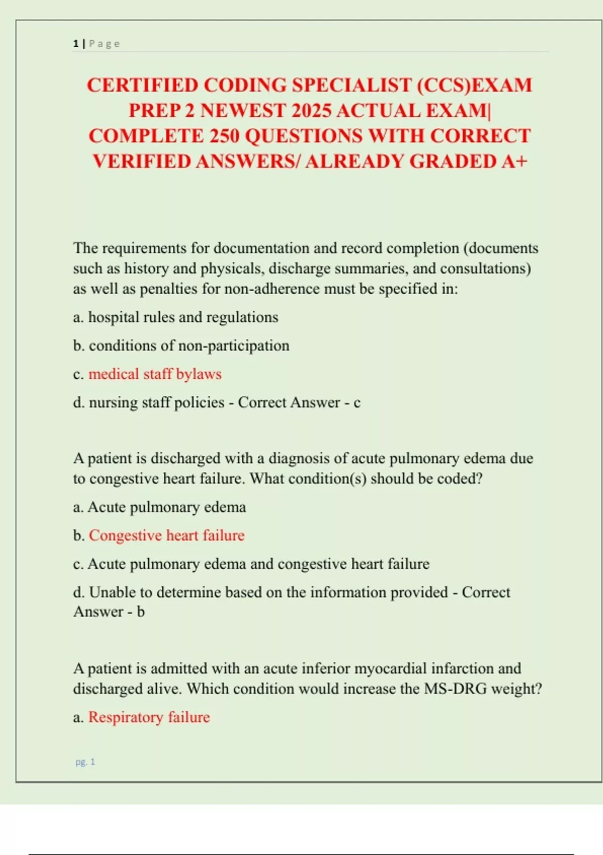 CERTIFIED CODING SPECIALIST (CCS)EXAM PREP 2 NEWEST 2025 ACTUAL EXAM| COMPLETE 250 QUESTIONS ...