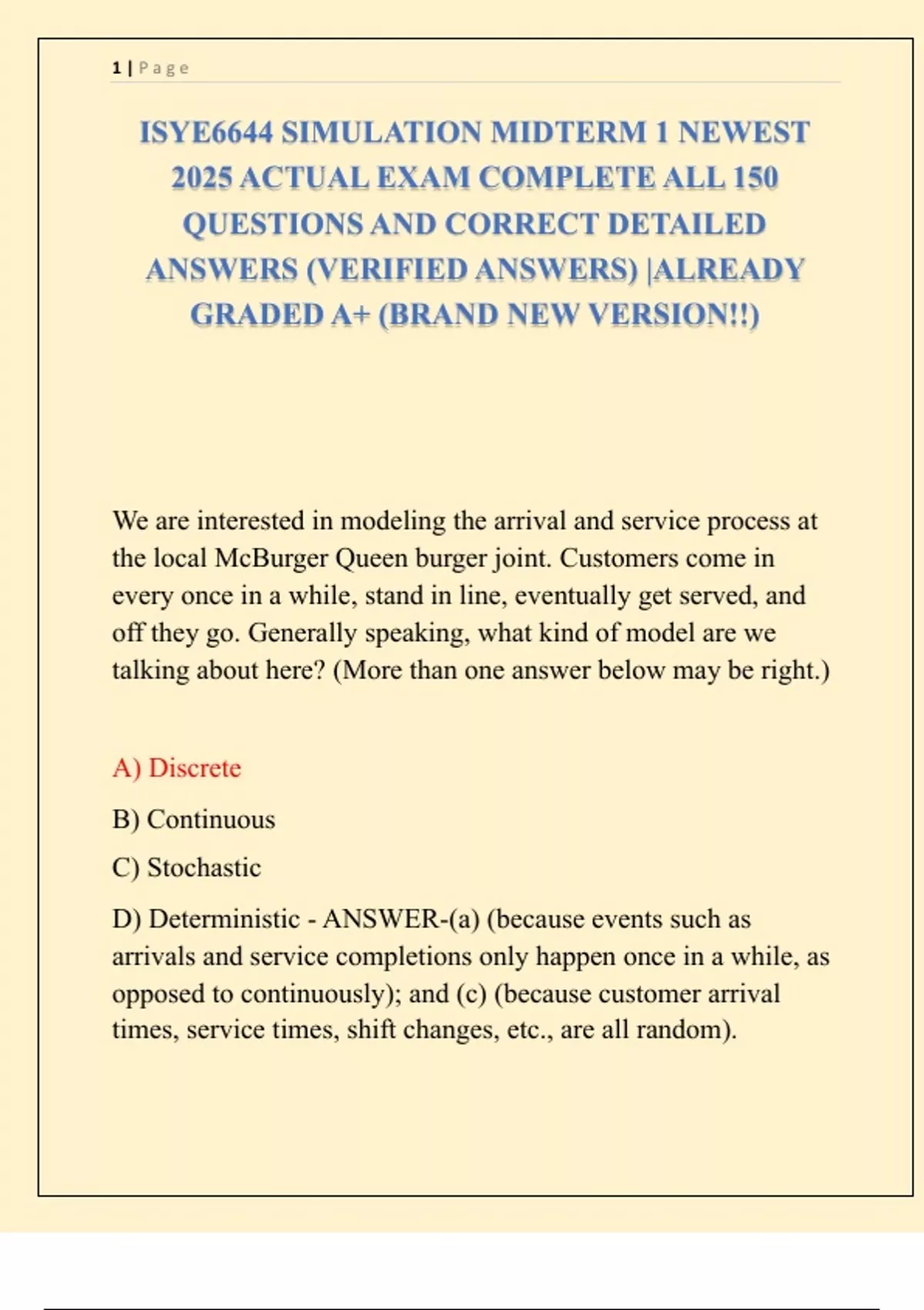 ISYE6644 SIMULATION MIDTERM 1 NEWEST 2025 ACTUAL EXAM COMPLETE ALL 150 QUESTIONS AND CORRECT ...